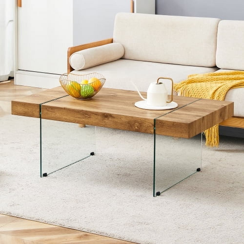 Sudica Natural Wood Color Marble Pattern MDF Coffee Table with Tempered ...