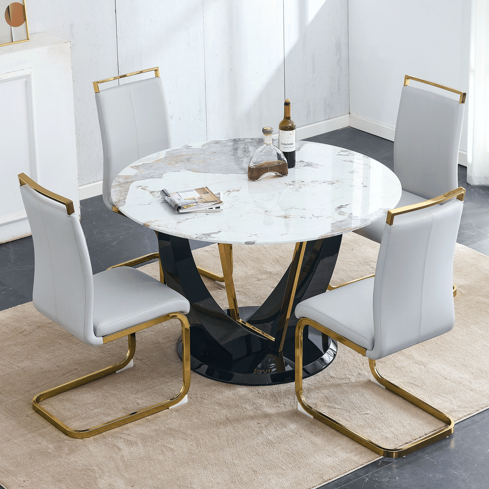 Sudica Round Dining Set for 4, 48" Round Marble Dining Table with PU ...