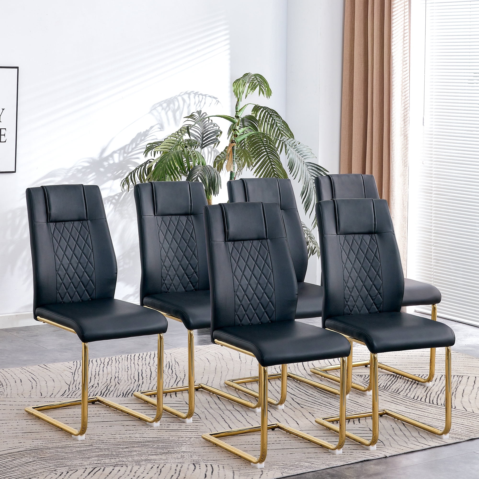 Sudica Upholstered Dining Chairs Set of 6 PU Leather Dining Room Chair with Golden Metal Legs ...