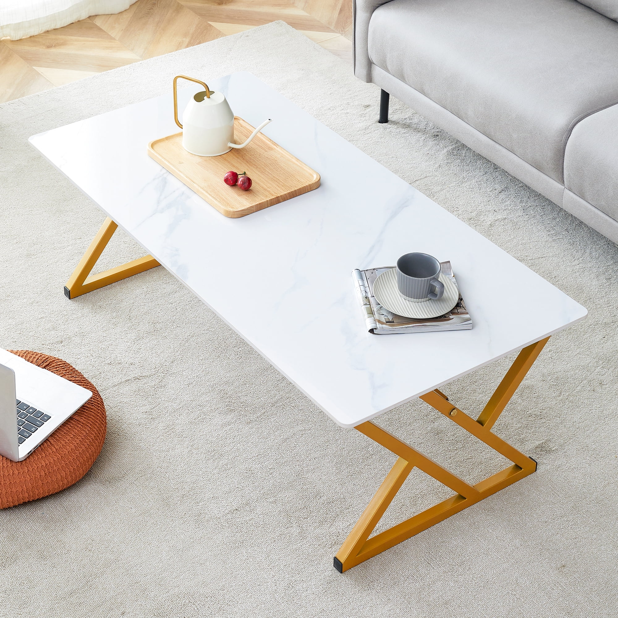 Sudica White Faux Marble Coffee Table with golden Legs, 47" Modern ...