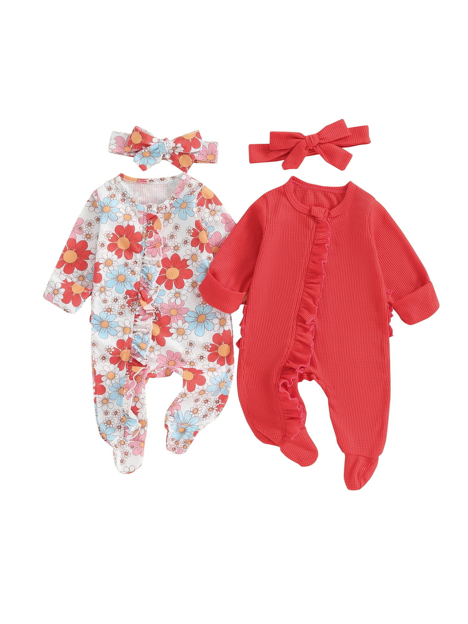 Suealasg 2-Pack Baby Girl Footed Jumpsuit 3 6 Months Newborn Girls Crew Neck Long Sleeve Frills ...