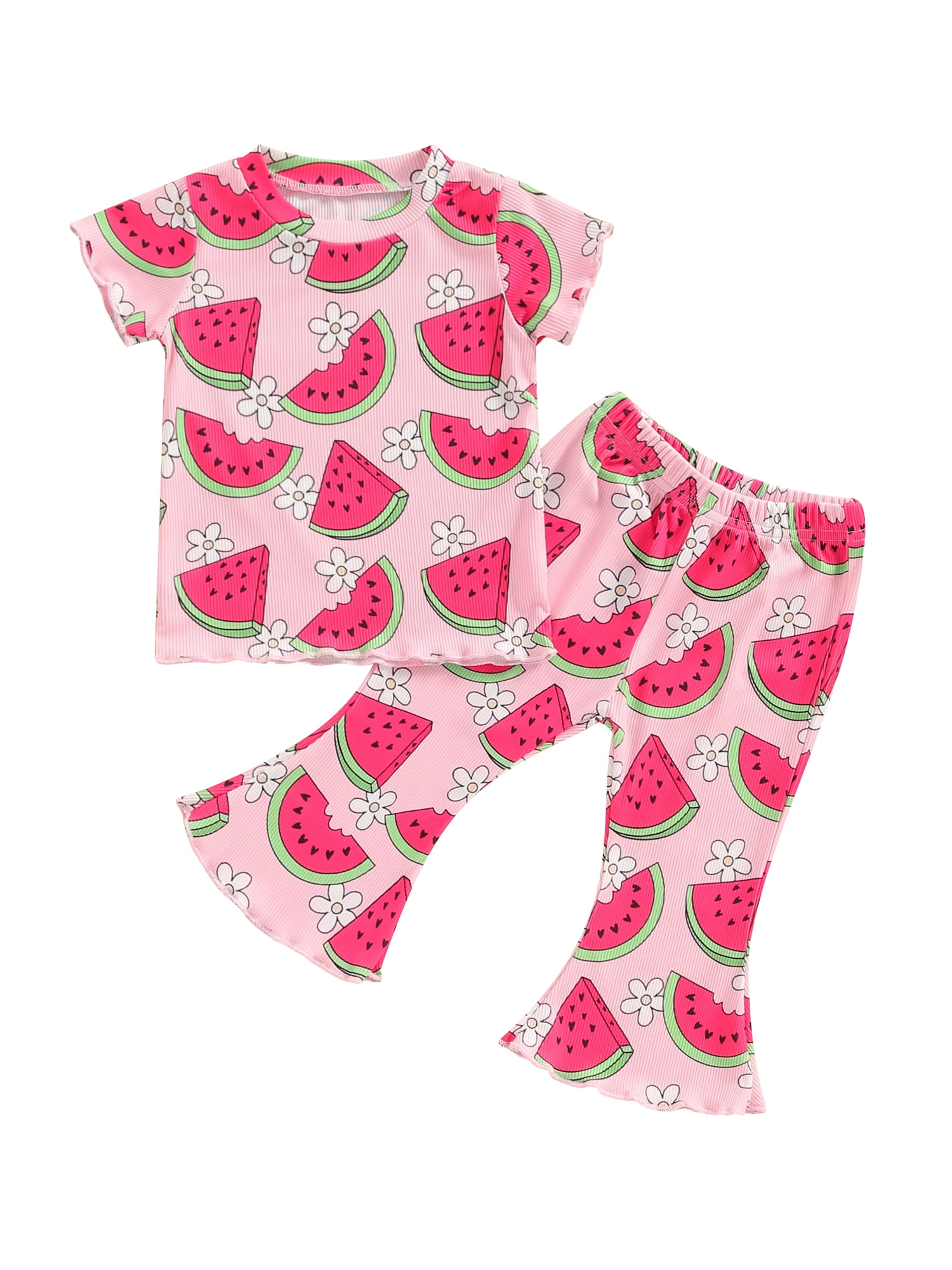 Suealasg 2Pcs Little Girl Clothes Short Sleeve Floral Watermelon Print Tops + Elastic Flare ...