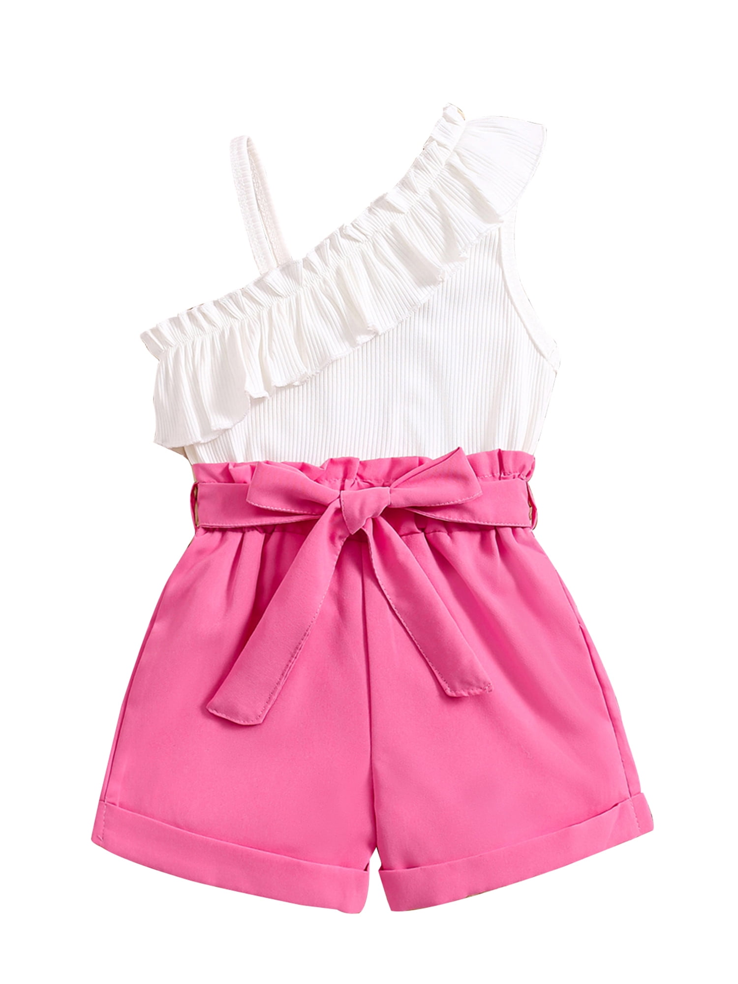 Suealasg 2Pcs Little Girl Clothes Solid Color Ruffles Tank Tops and Elastic Shorts with Belt Set ...