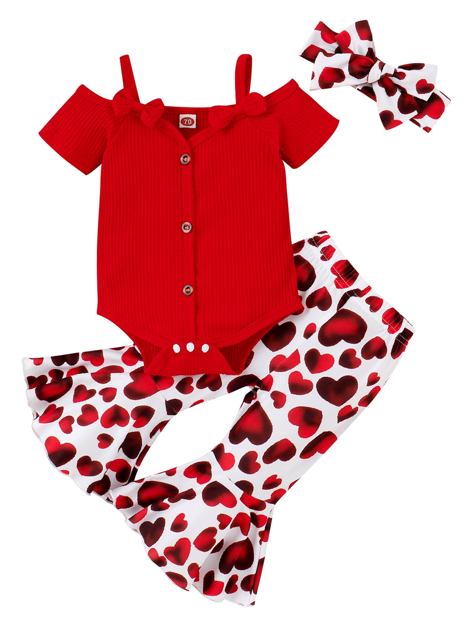 Suealasg 3PCS Toddler Baby Girl Valentine's Day Outfits Set Solid Color Bow Sling Off-Shoulder ...