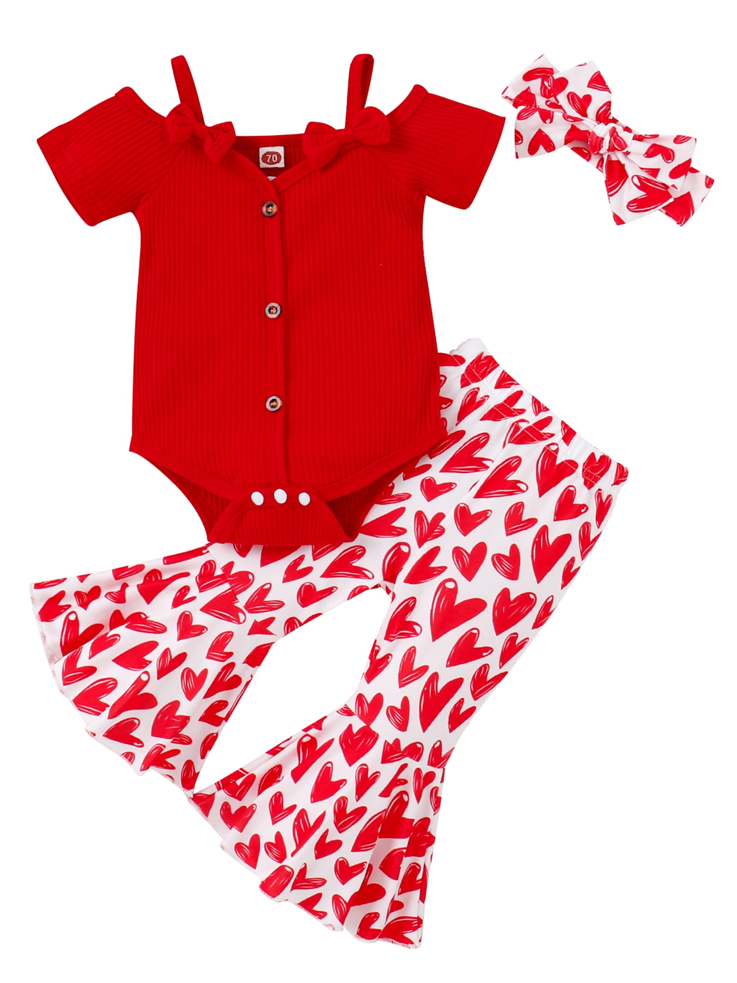 Suealasg 3PCS Toddler Baby Girl Valentine's Day Outfits Set Solid Color Bow Sling Off-Shoulder ...