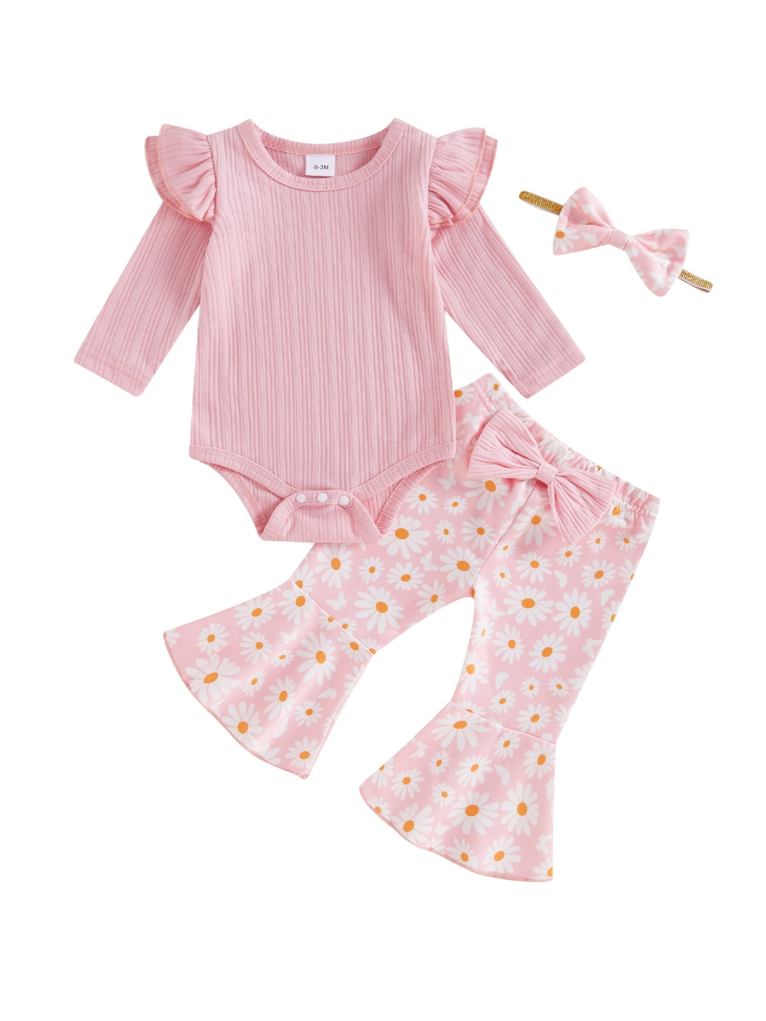 Suealasg 3Pcs Baby Girl Fall Clothes Long Sleeve Ribbed Romper + Daisy ...