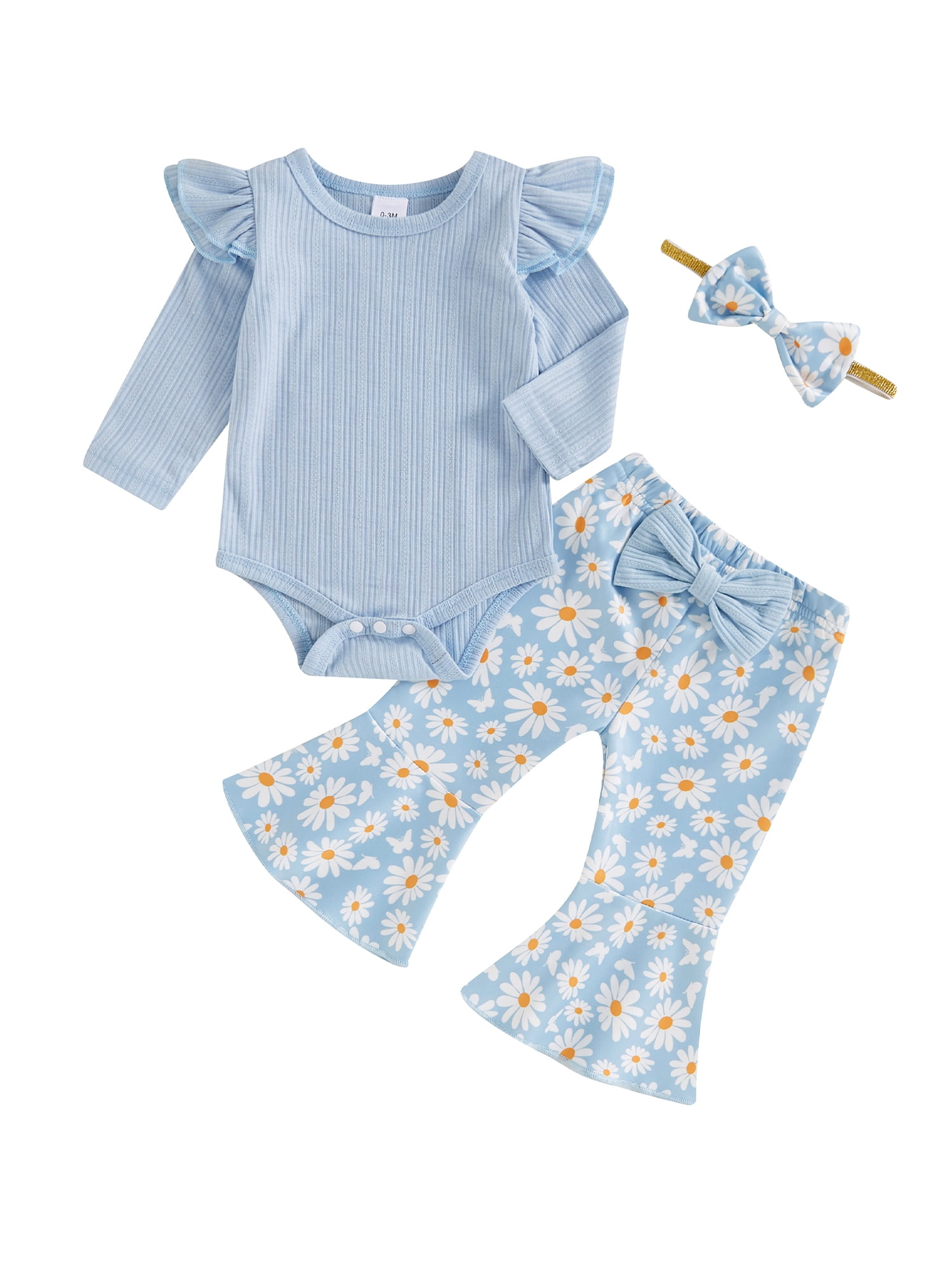 Suealasg 3Pcs Baby Girl Fall Clothes Long Sleeve Ribbed Romper + Daisy ...