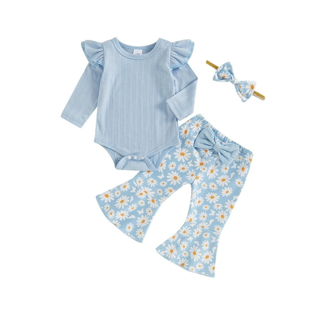 Suealasg 3Pcs Baby Girl Fall Clothes Long Sleeve Ribbed Romper + Daisy Print Flare Pants ...