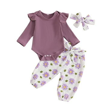 Newborn Baby Girls Winter 3PCS Outfit Set: Long Sleeve Solid Color Ribbed Romper, Floral Pants ...