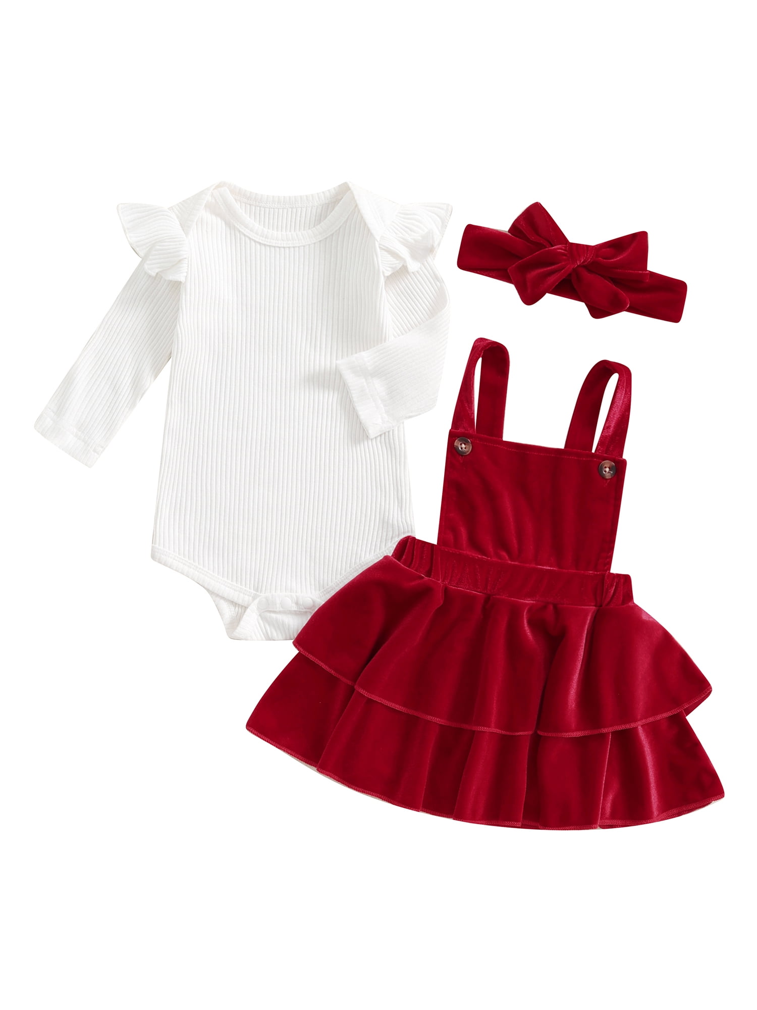 Suealasg 3Pcs Baby Girls Christmas Outfits 3 6 Months Newborn Girl Ribbed Knit Romper Velvet ...