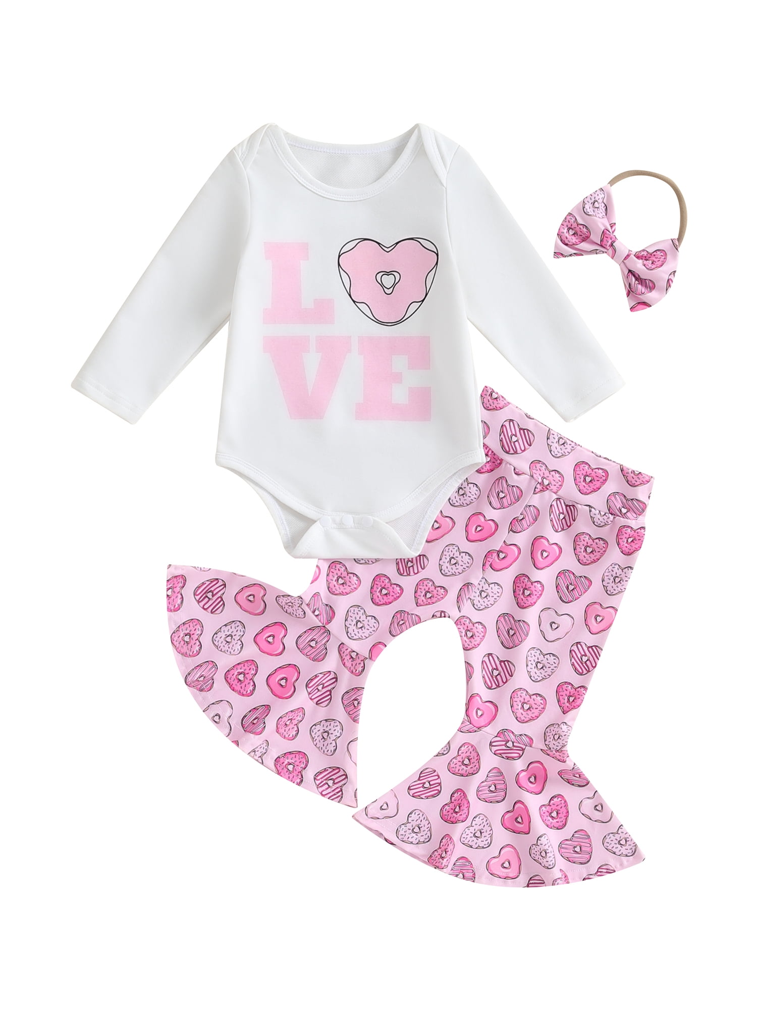Suealasg 3Pcs Infant Girls Fall Clothes Set Letter Print Long Sleeve Rompers Heart Donut Print ...