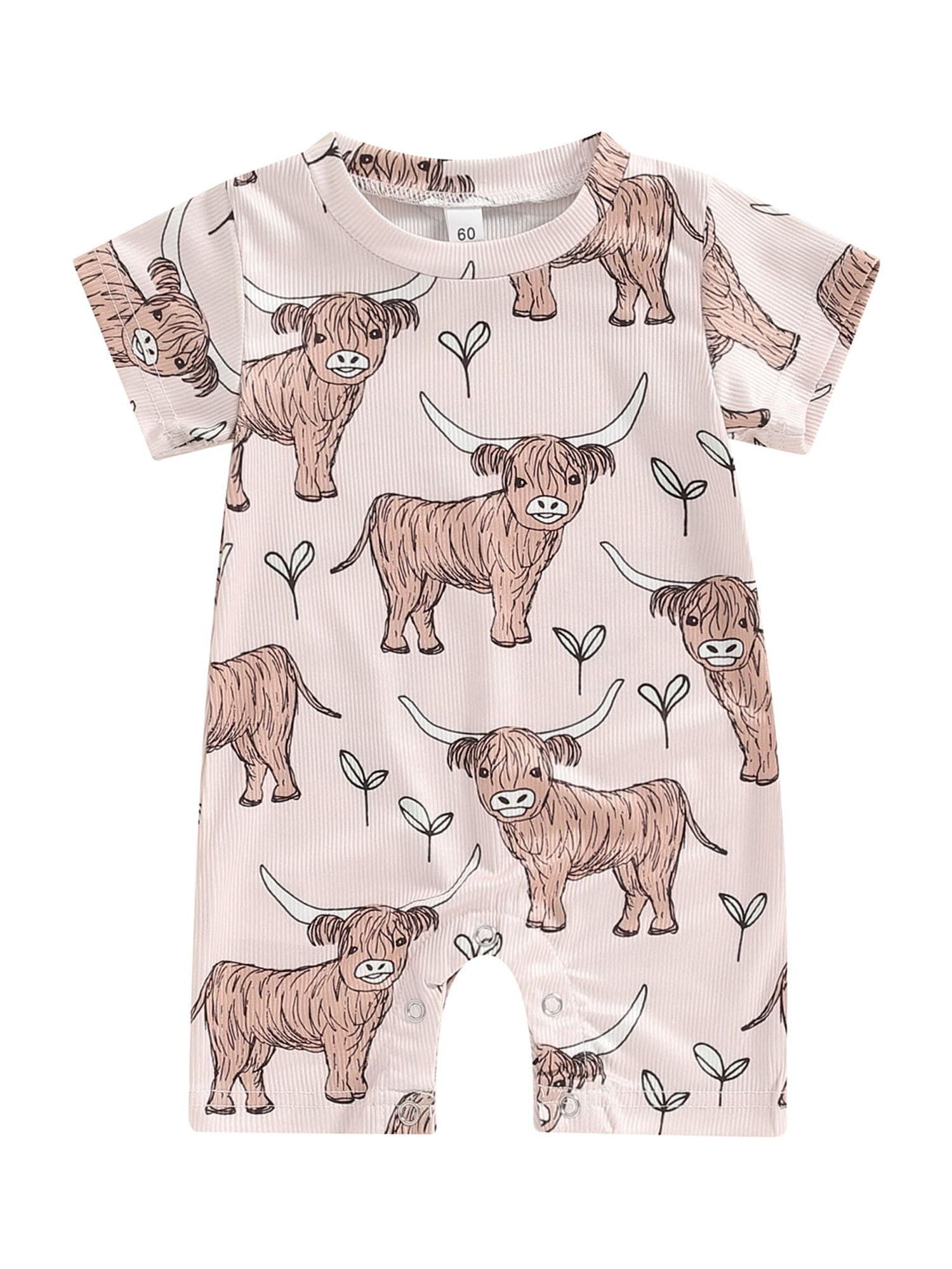 Suealasg Baby Boys Girls Western Outfit Short Sleeve Crew Neck Cow Print Jumpsuit Romper ...