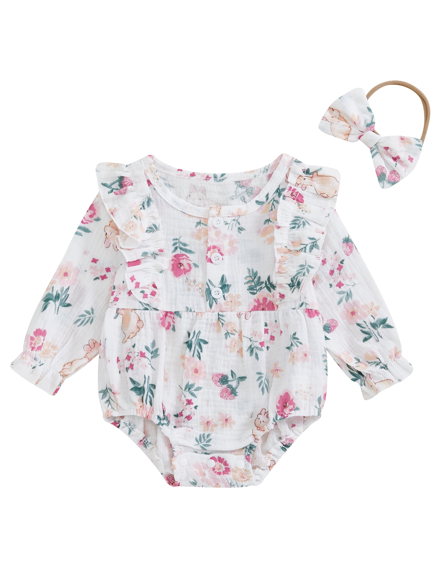 Suealasg Baby Girl Easter Romper Floral Bunny Print Long Sleeve Crew ...