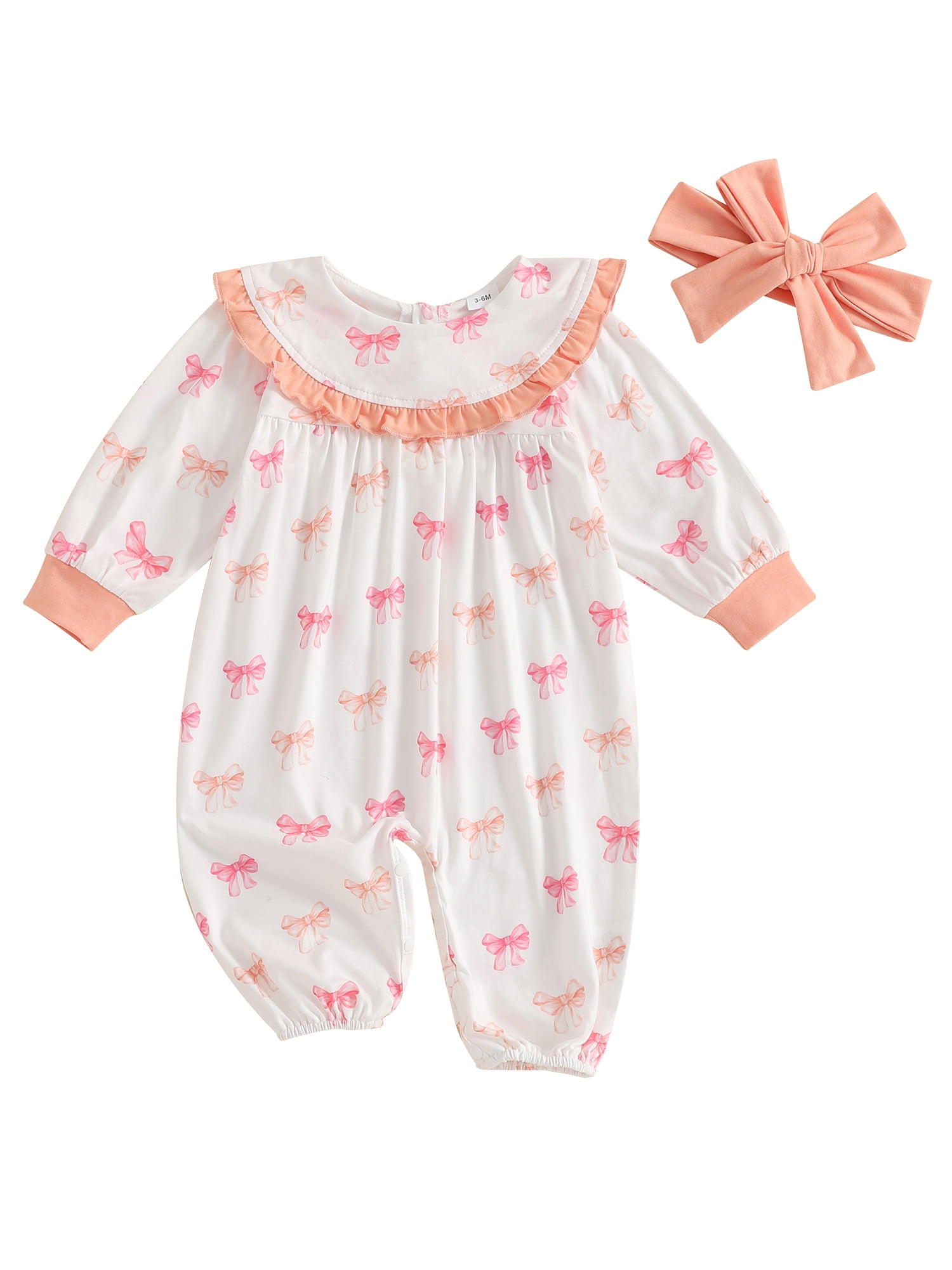 Suealasg Baby Girl Fall Romper Bow Print Ruffled Long Sleeve Crew Neck ...