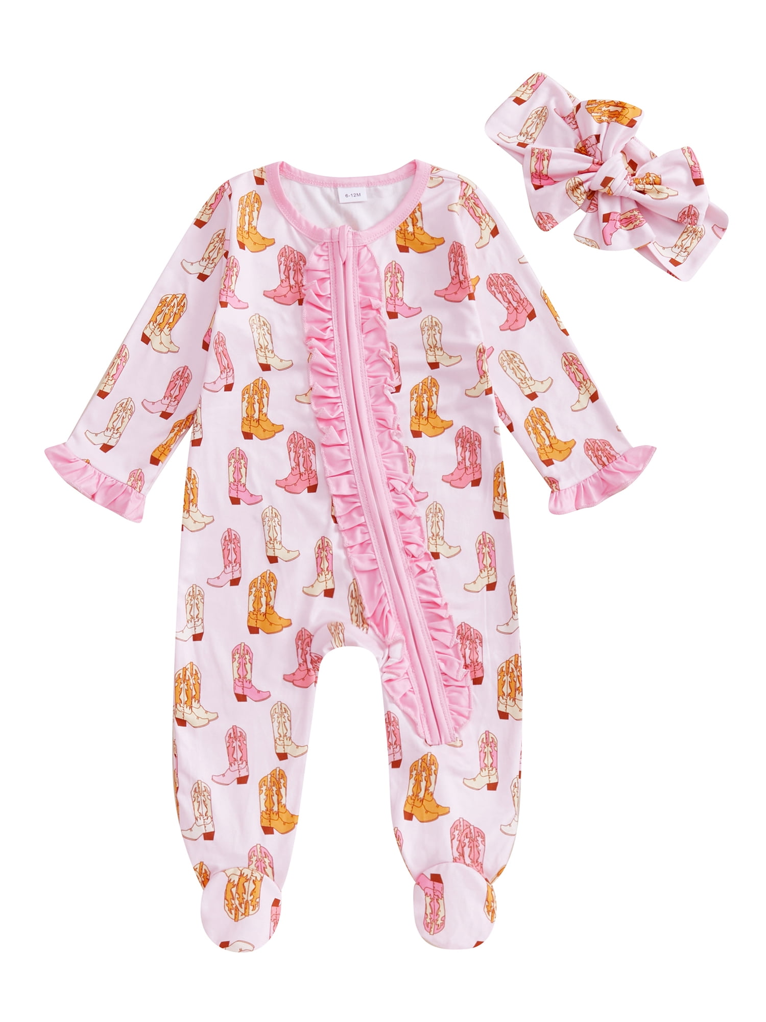 Suealasg Baby Girl Pajamas Rompers Infant Footie Jumpsuit Long Sleeve Boots Print One-Piece ...
