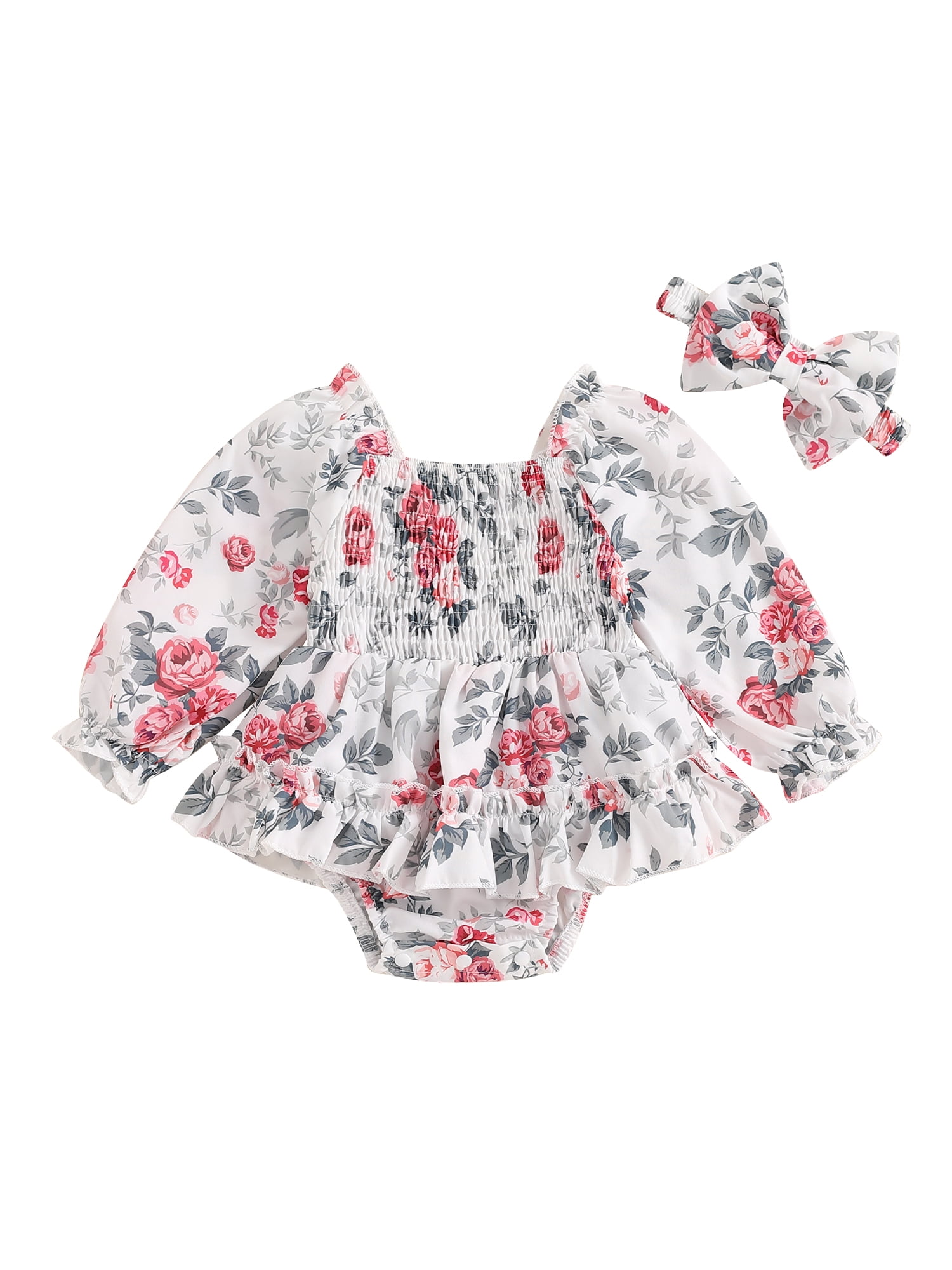 Suealasg Baby Girl Romper Dress + Headband Long Sleeve Square Neck ...