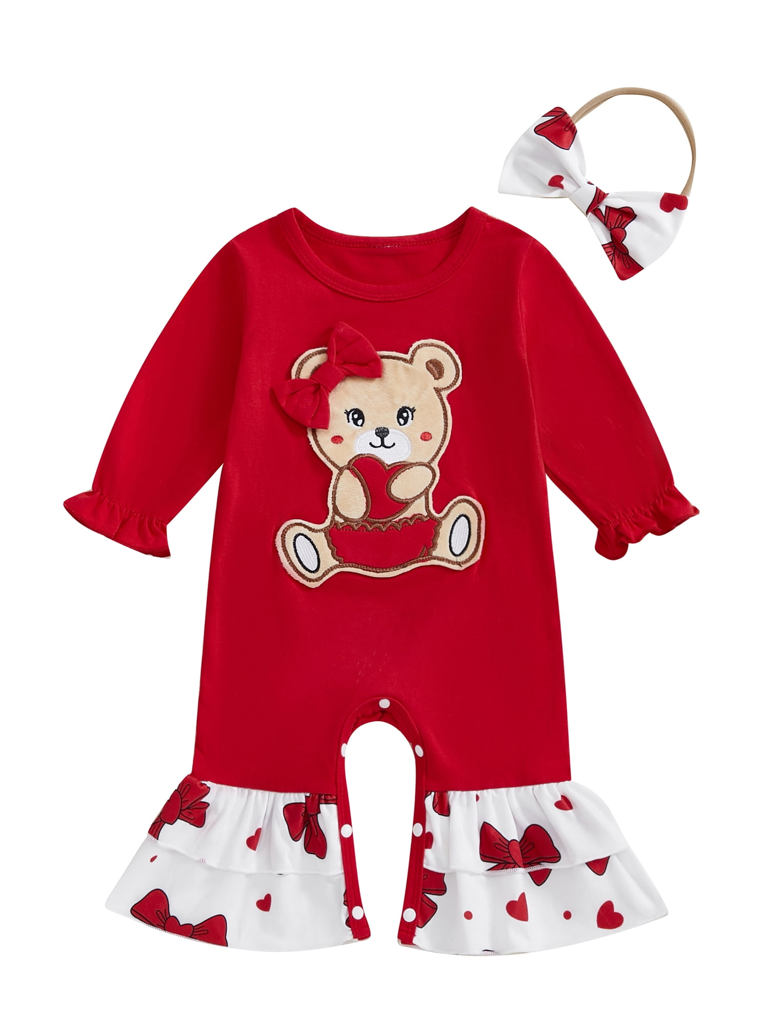 Suealasg Baby Girl Valentine’s Day Outfits Long Sleeve Bear Embroidery Ruffle Jumpsuit with ...