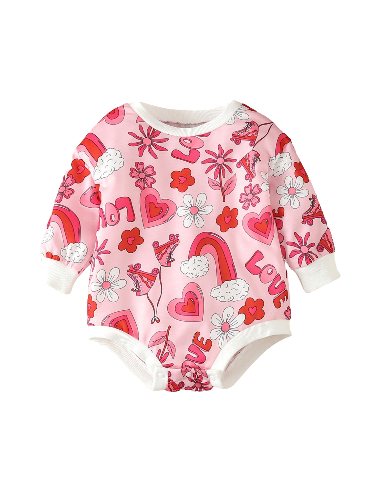 Suealasg Baby Girl Valentine’s Day Romper Long Sleeve Round Neck Heart Floral Print Bodysuit 3M ...