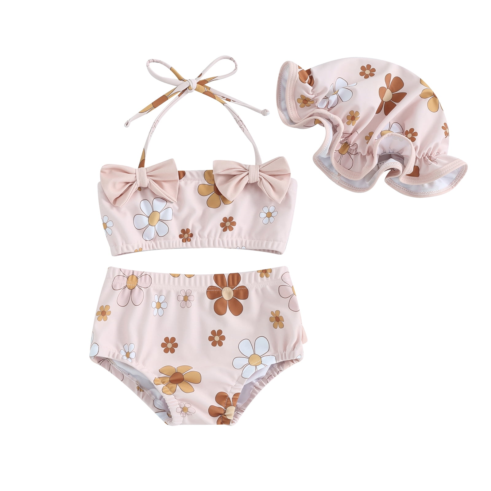 Suealasg Baby Girls 3 piece Swimsuits Halter Neck Flower Print 3D Bow ...