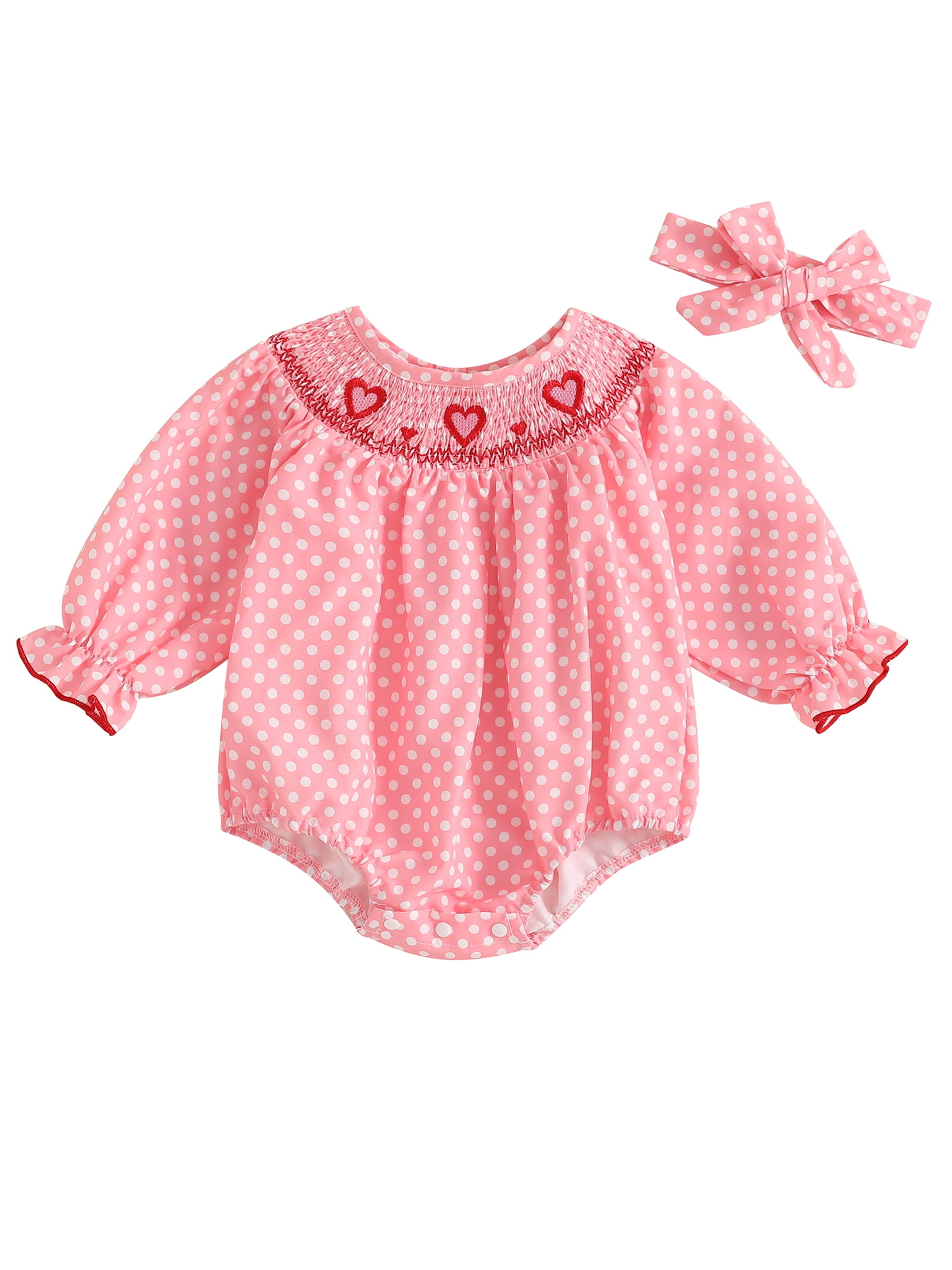 Suealasg Baby Girls Valentine's Day Romper Headband Set Long Sleeve Round Neck Heart Dot Print ...