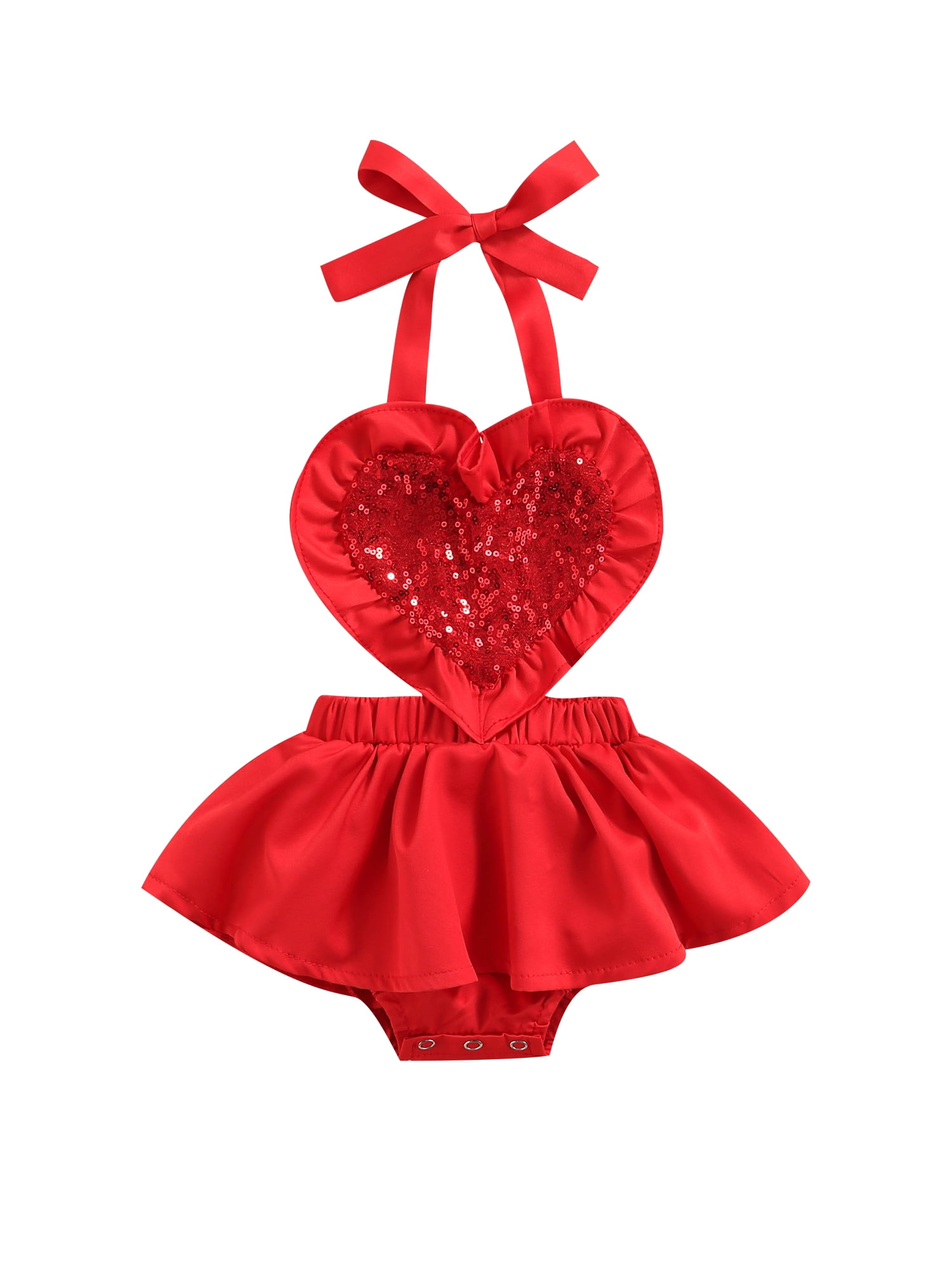 Suealasg Infant Baby Girl Valentines Day Romper Clothes Sleeveless Sequins Tie-up Halter ...
