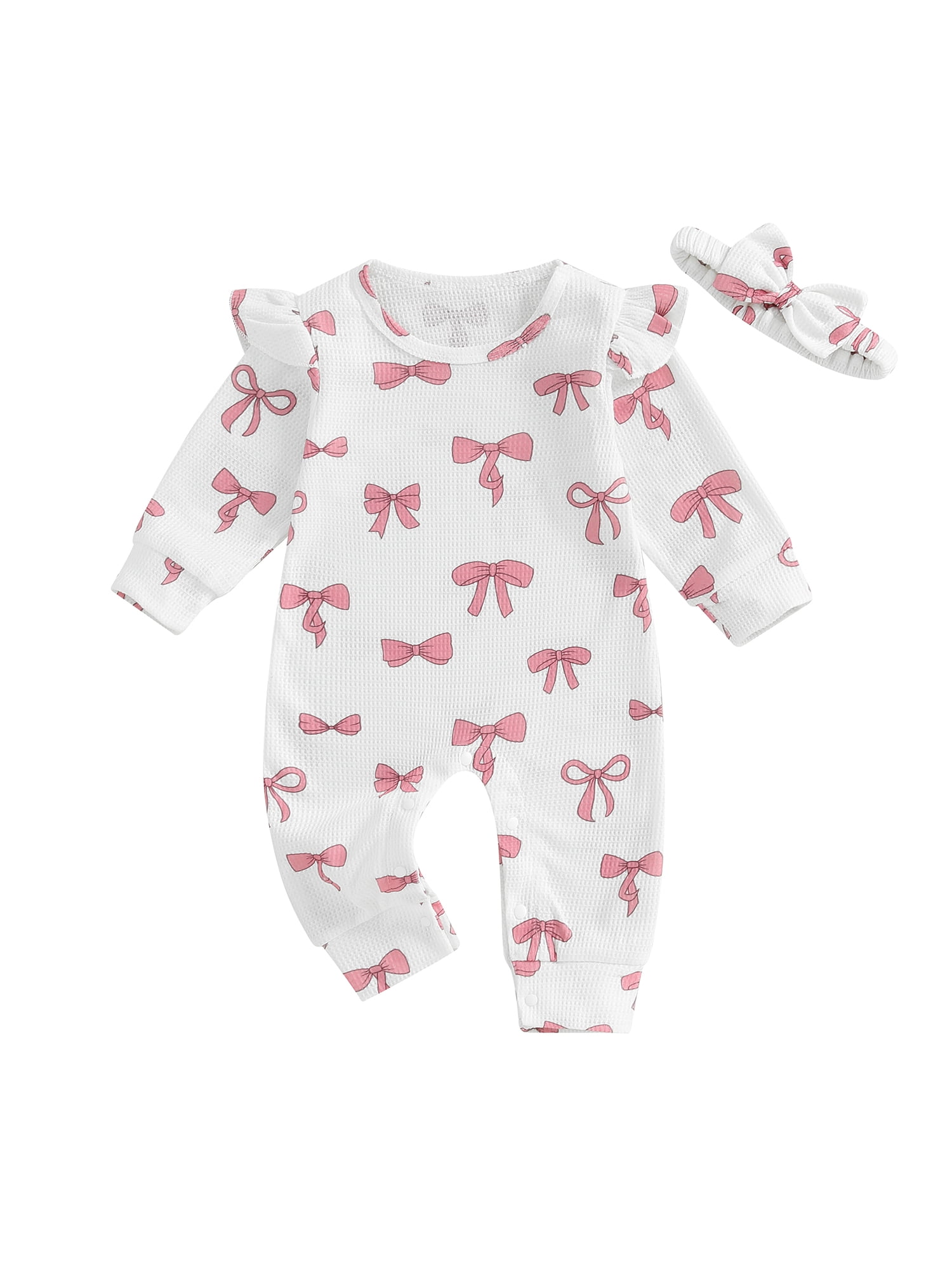 Suealasg Infant Baby Girls Fall Clothes Long Sleeve Bow Print Jumpsuits Headband 3 6 9 12 18 ...