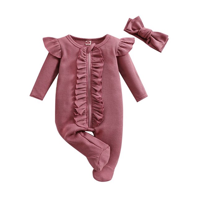 Suealasg Infant Baby Girls Fall Clothes Long Sleeve Pleated Full Length Jumpsuits Headband 3 6 ...