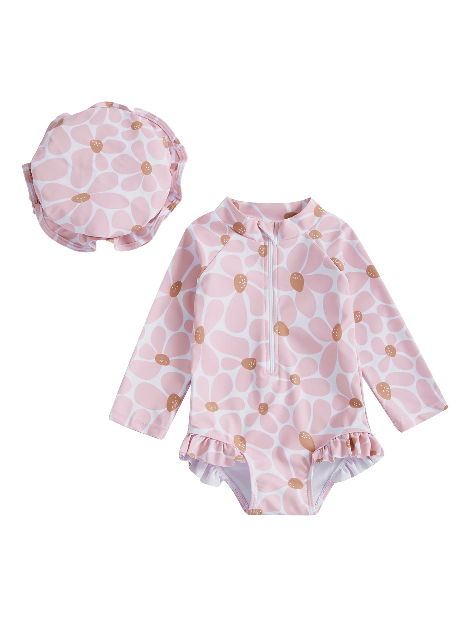 Suealasg Infant Girl One Piece Swimsuits +Swim Cap Long Sleeve Floral ...
