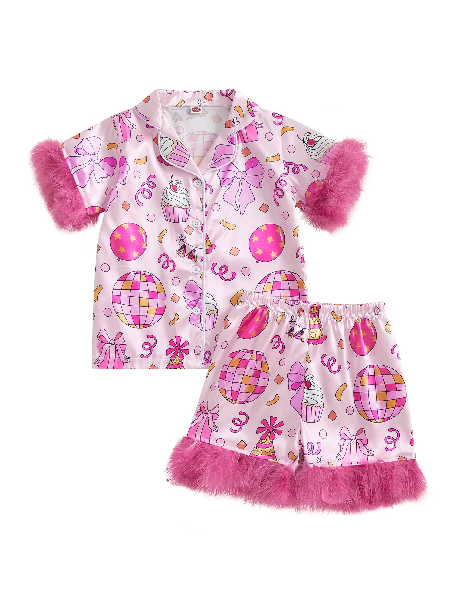 Suealasg Kid Girl Birthday Pajamas Set Cake Print Lapel Feather Short ...