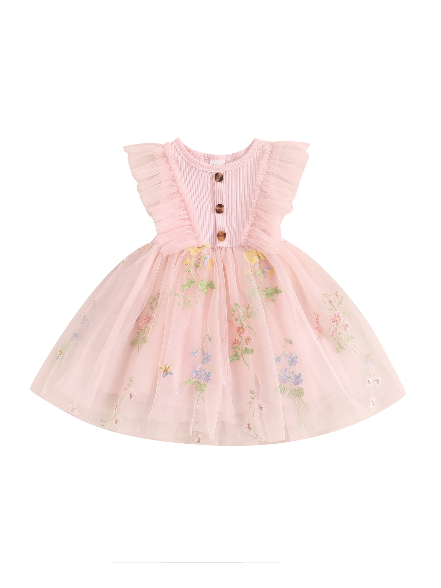 Suealasg Kids Birthday Party Princess Dress Toddler Girls Fly Sleeve Ribbed Floral Embroidery ...