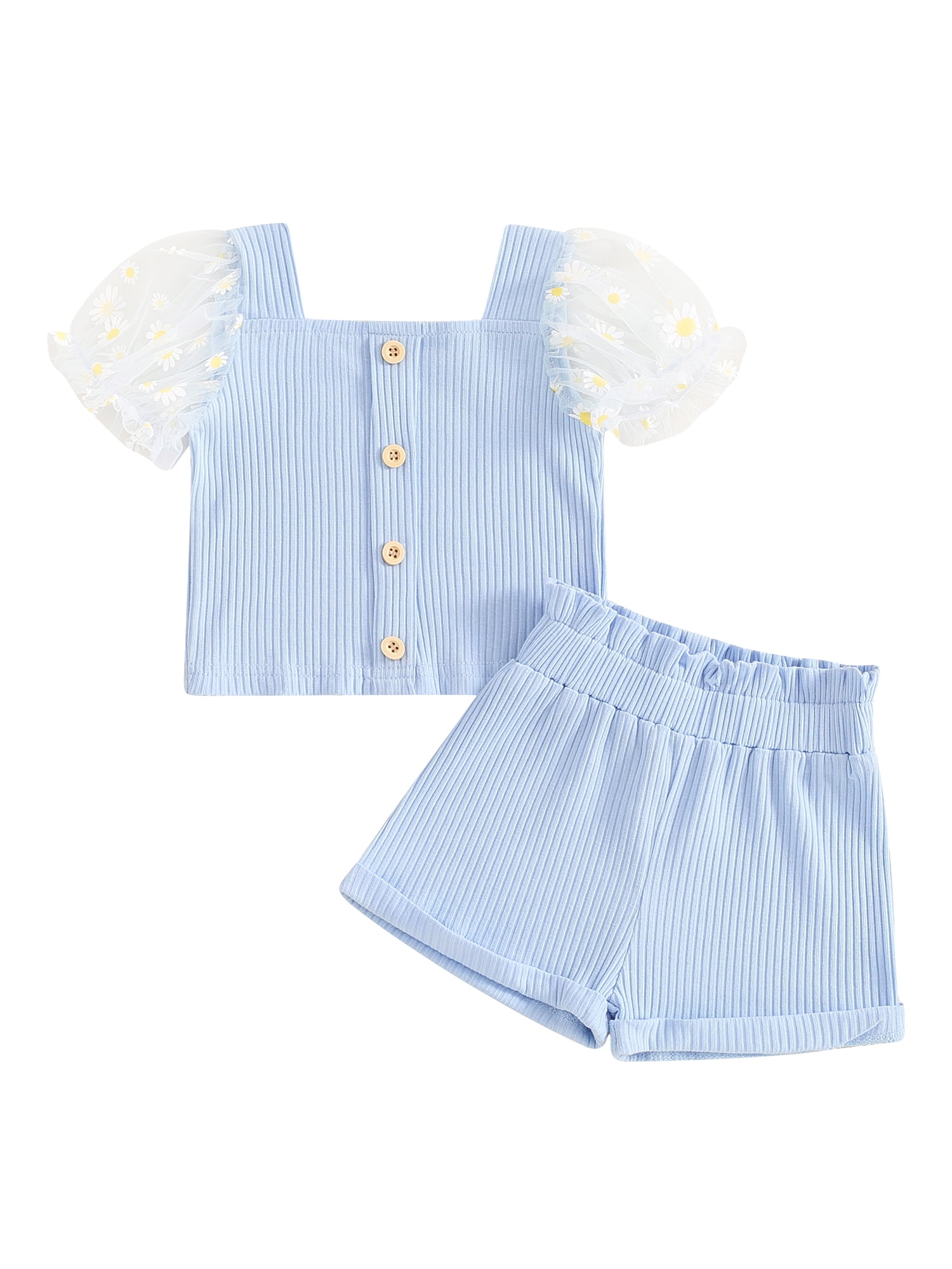 Suealasg Kids Girls Outfit Daisy Print Mesh Short Sleeve T-Shirt and Elastic Shorts Set 1T 2T 3T ...