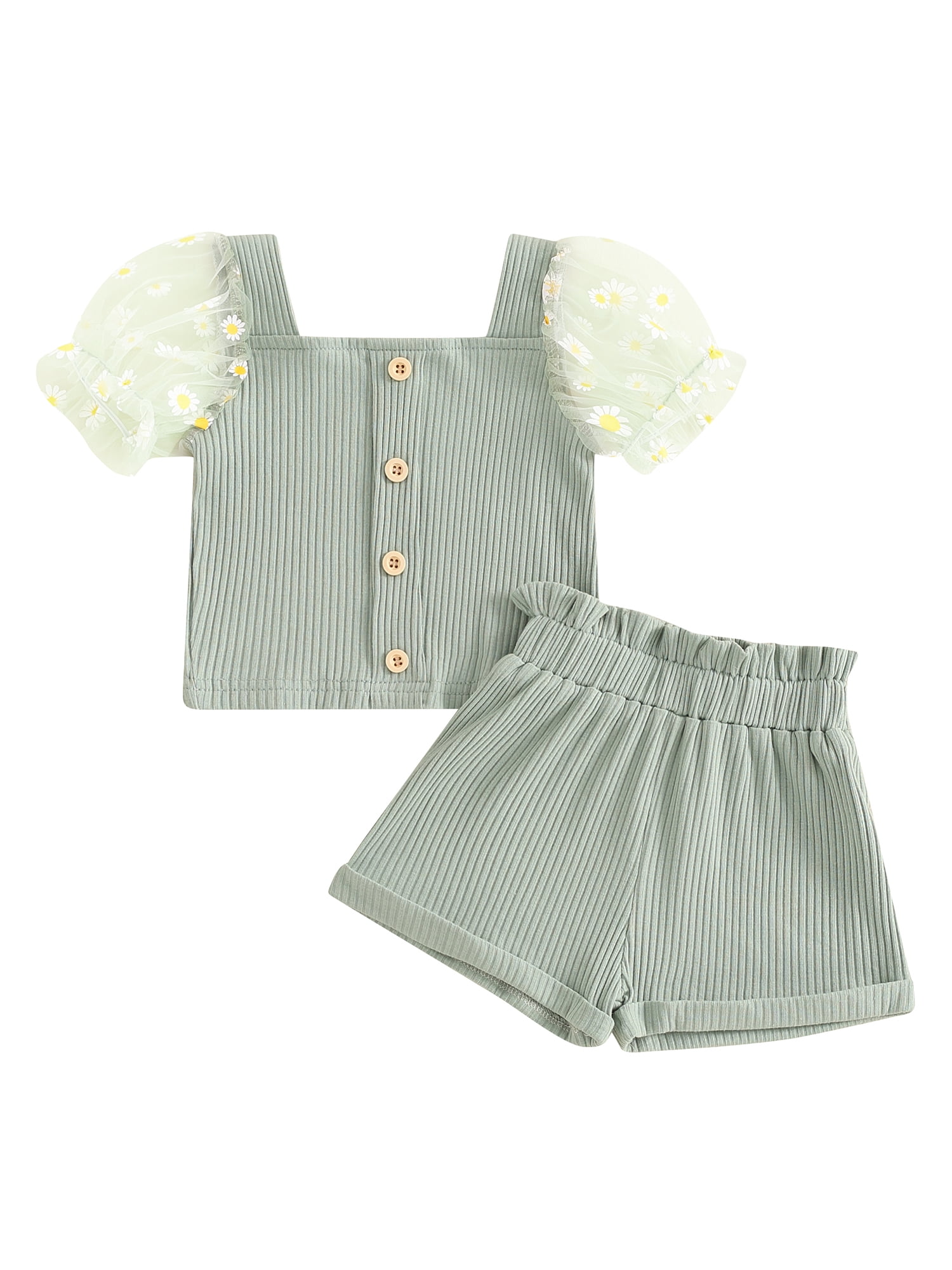 Suealasg Kids Girls Outfit Daisy Print Mesh Short Sleeve T-Shirt and Elastic Shorts Set 1T 2T 3T ...