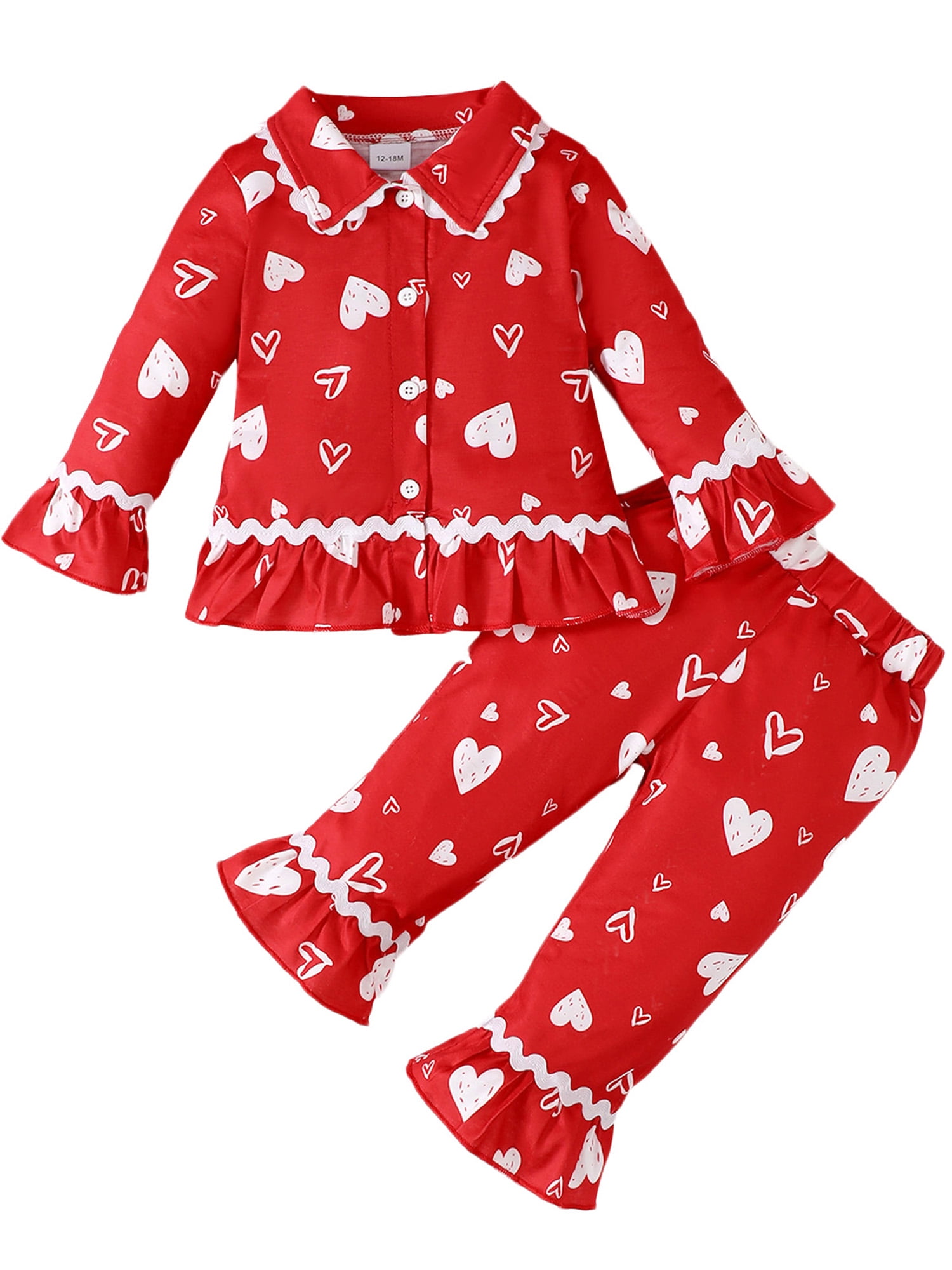Suealasg Kids Girls Valentine's Day Pajamas Outfits Long Sleeve Heart Print Lapel Button Shirt ...