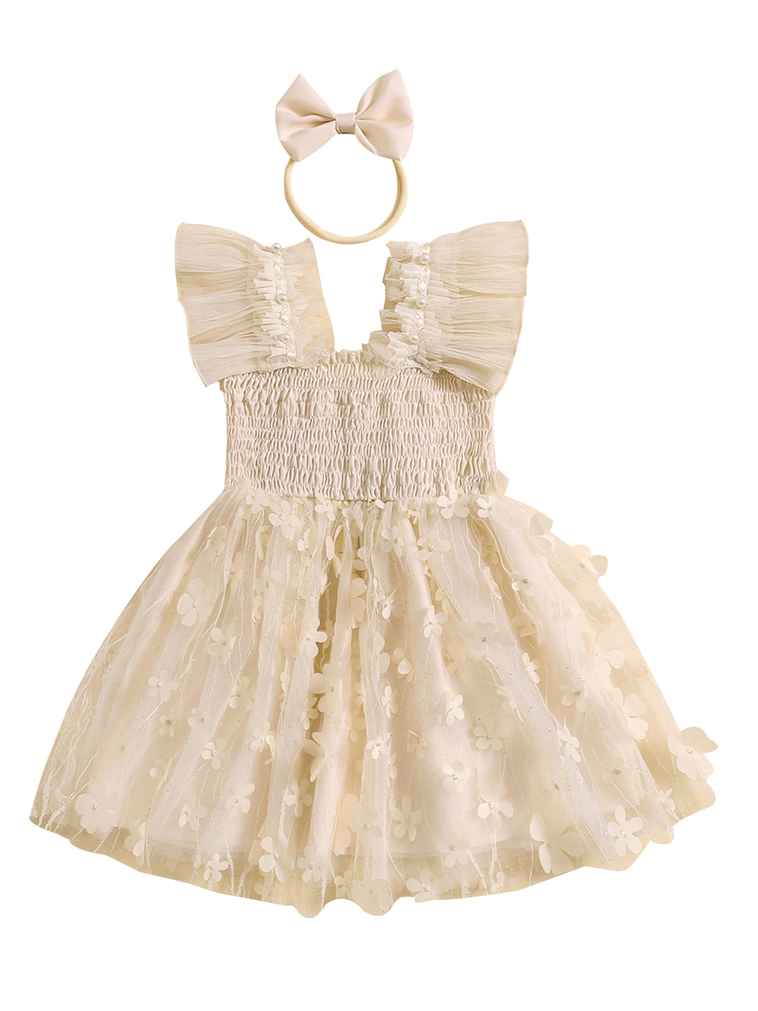 Suealasg Kids Toddler Girls Birthday Princess Fly Sleeve Pleated Flowers Tulle Dress with Bow ...