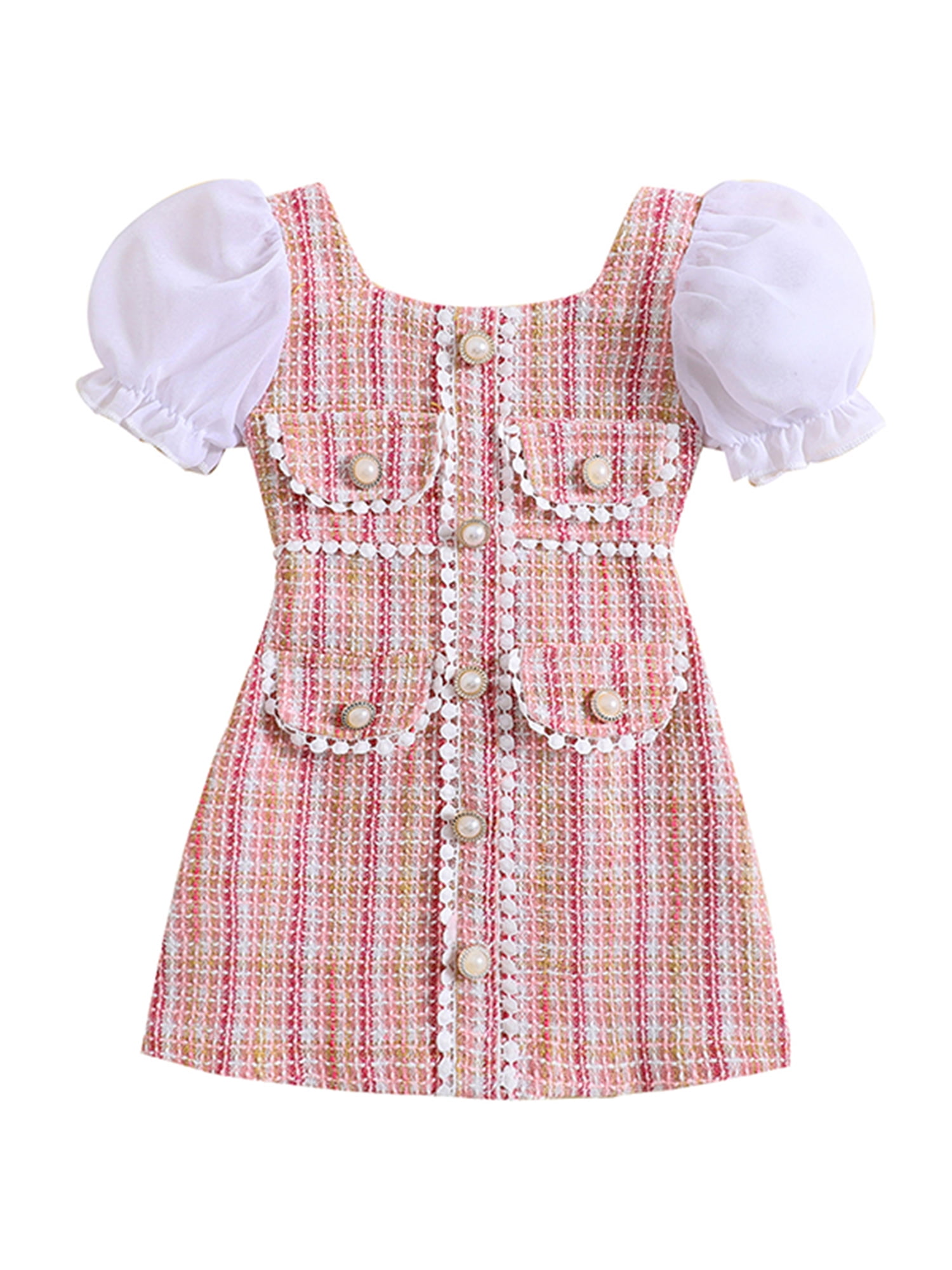 Suealasg Kids Toddler Girls Classy Princess Dress Puff Sleeve Mix Color Pearls Patchwork A-line ...