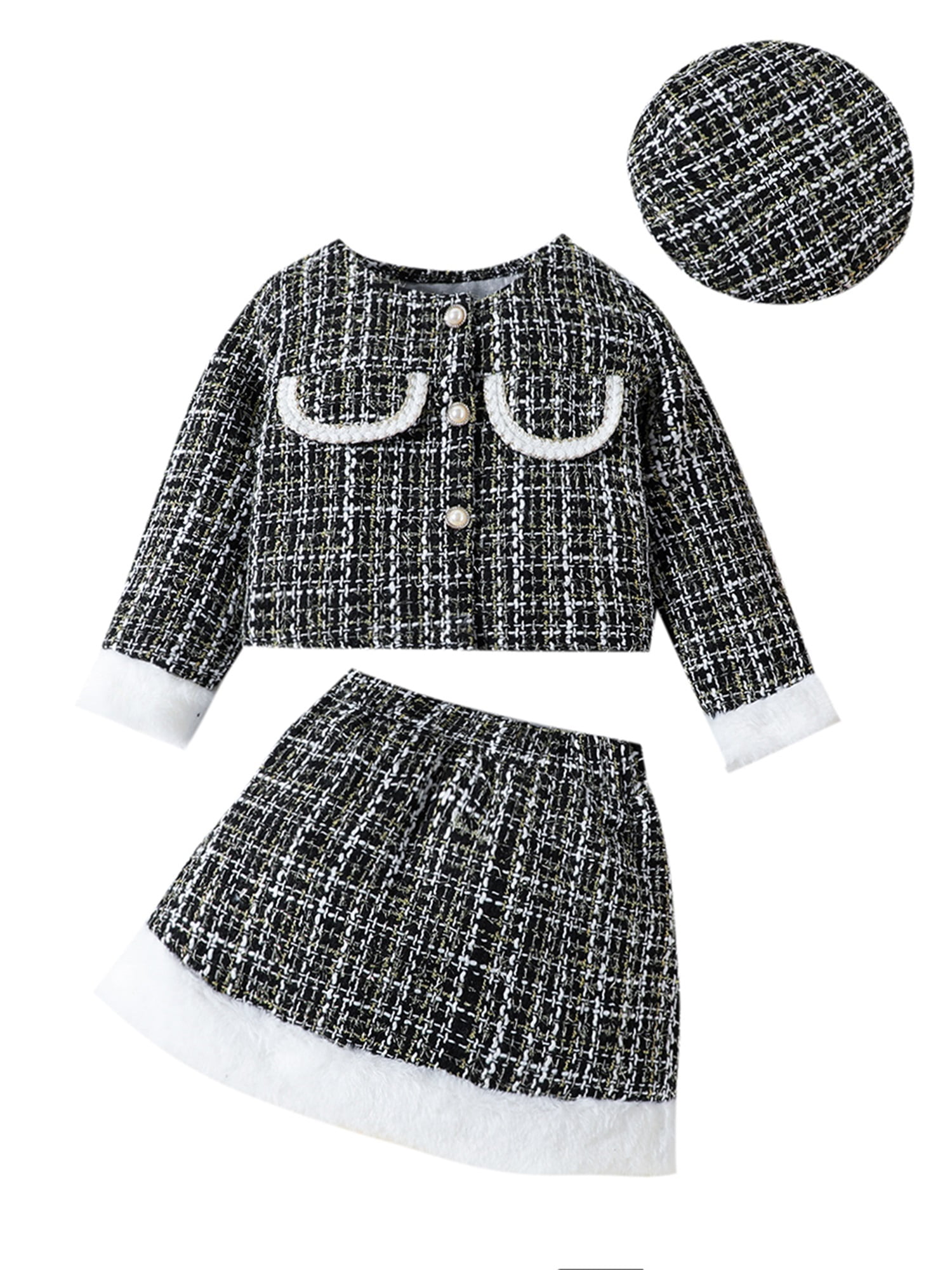 Suealasg Little Girl Tweed Outfit Long Sleeve Button-up Jacket Fuzzy ...