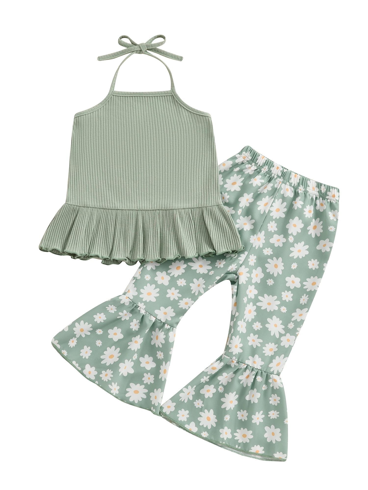 Suealasg Little Girls 2 Piece Summer Outfits Sleeveless Tie-Up Halter ...