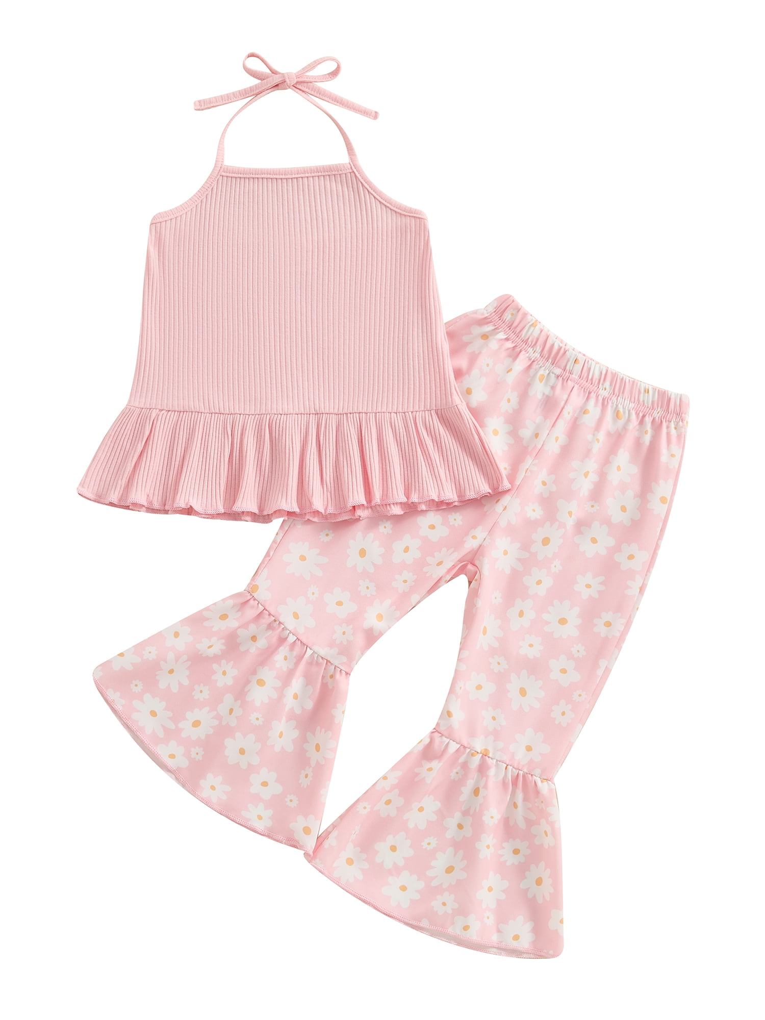 Suealasg Little Girls 2 Piece Summer Outfits Sleeveless Tie-Up Halter ...