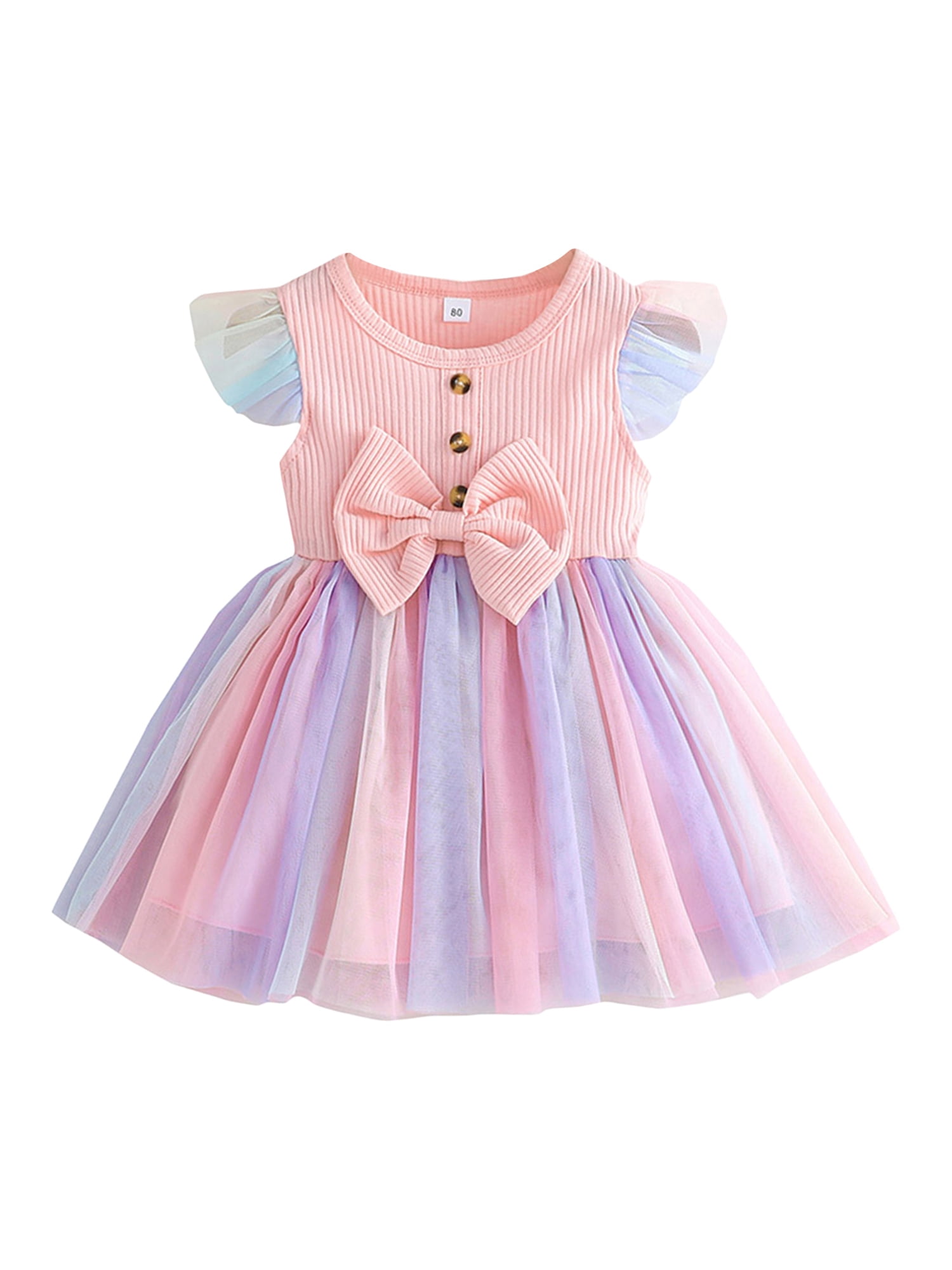 Suealasg Little Girls Princess Dress 9M 1T 2T 3T 4T Kids Girls Flying Sleeves Crew Neck Rainbow ...