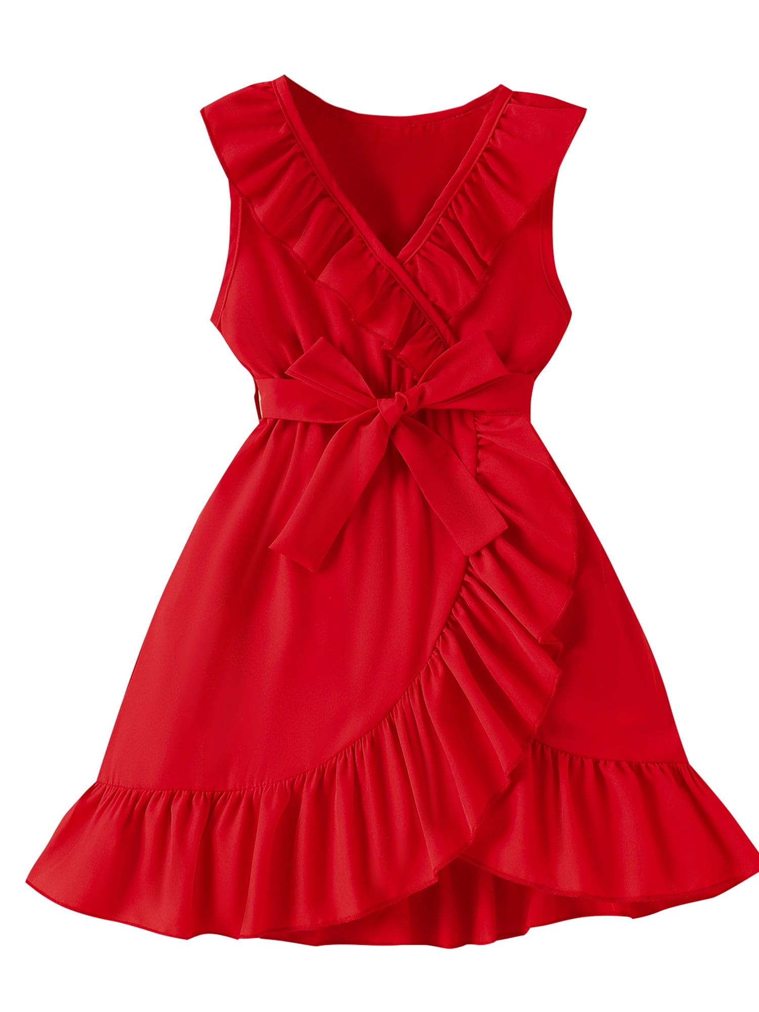 Suealasg Little Girls Summer Casual Dress Solid Color V Neck Wrap ...