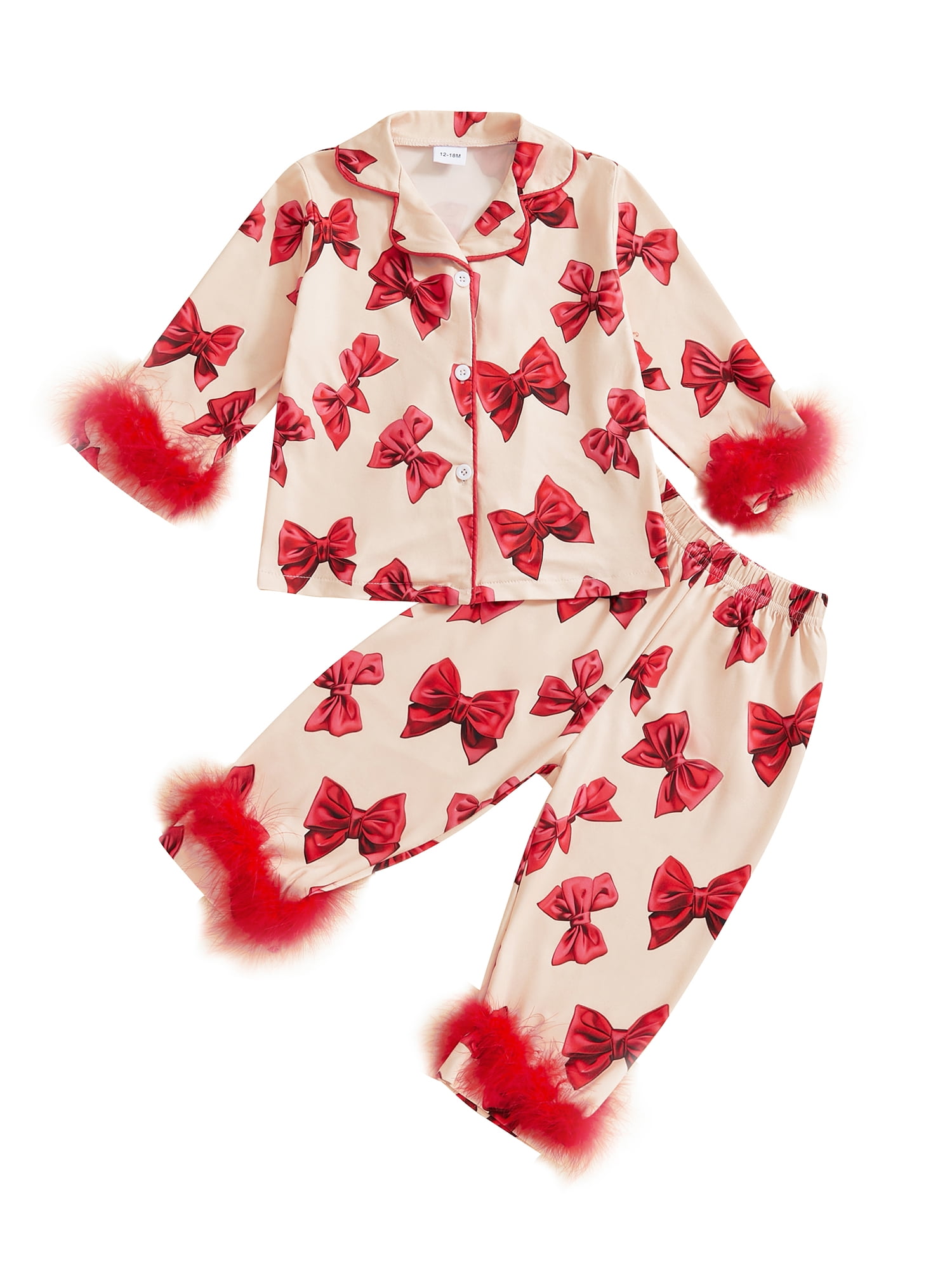 Suealasg Little Girls Valentine's Day Pajama Sets Long Sleeve Lapel Neck Bow Print Shirt Tops ...