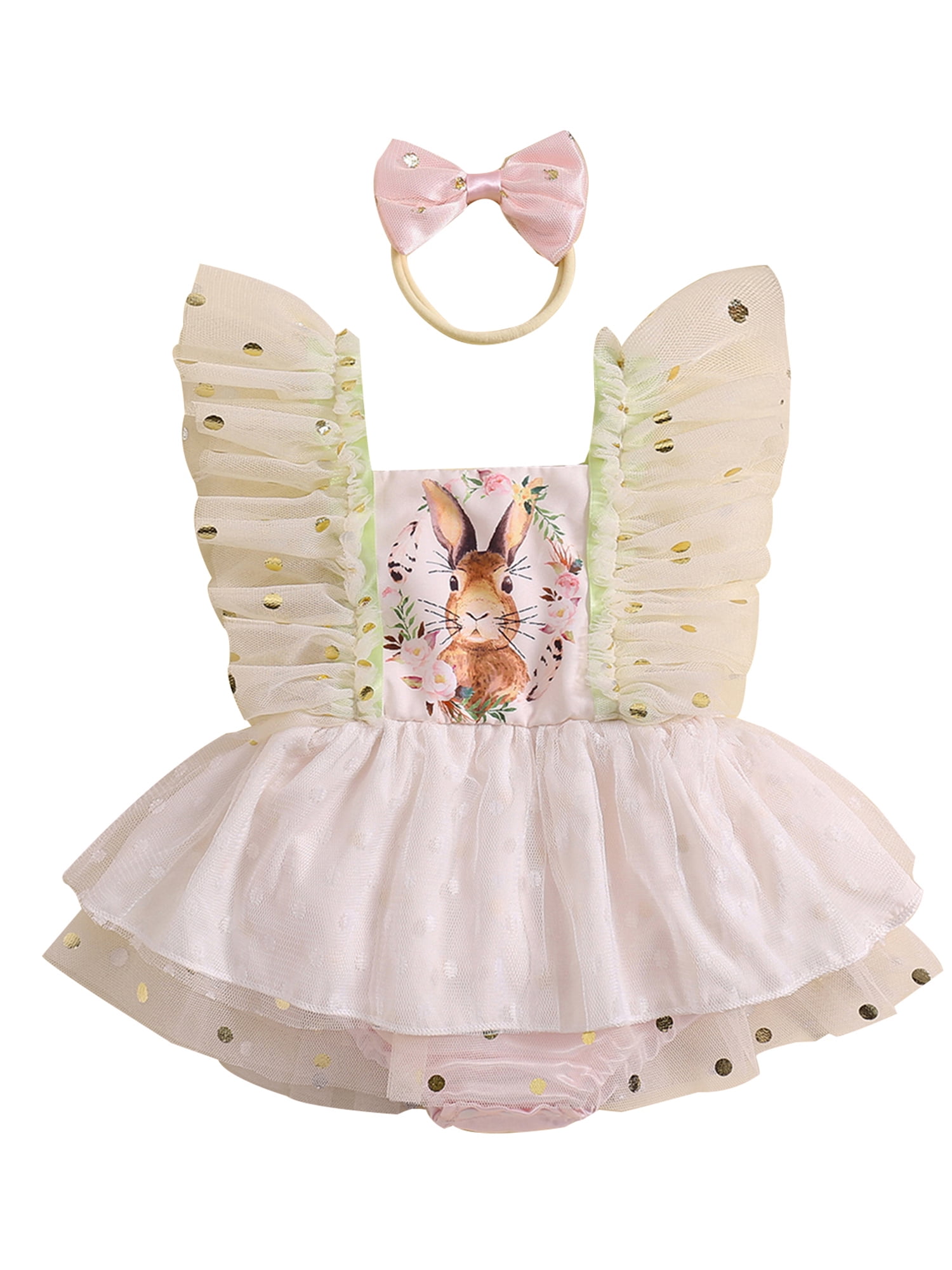 Suealasg Newborn Baby Girl Easter Outfits Flying Sleeve Bunny Print Tulle Romper Dress 1st ...