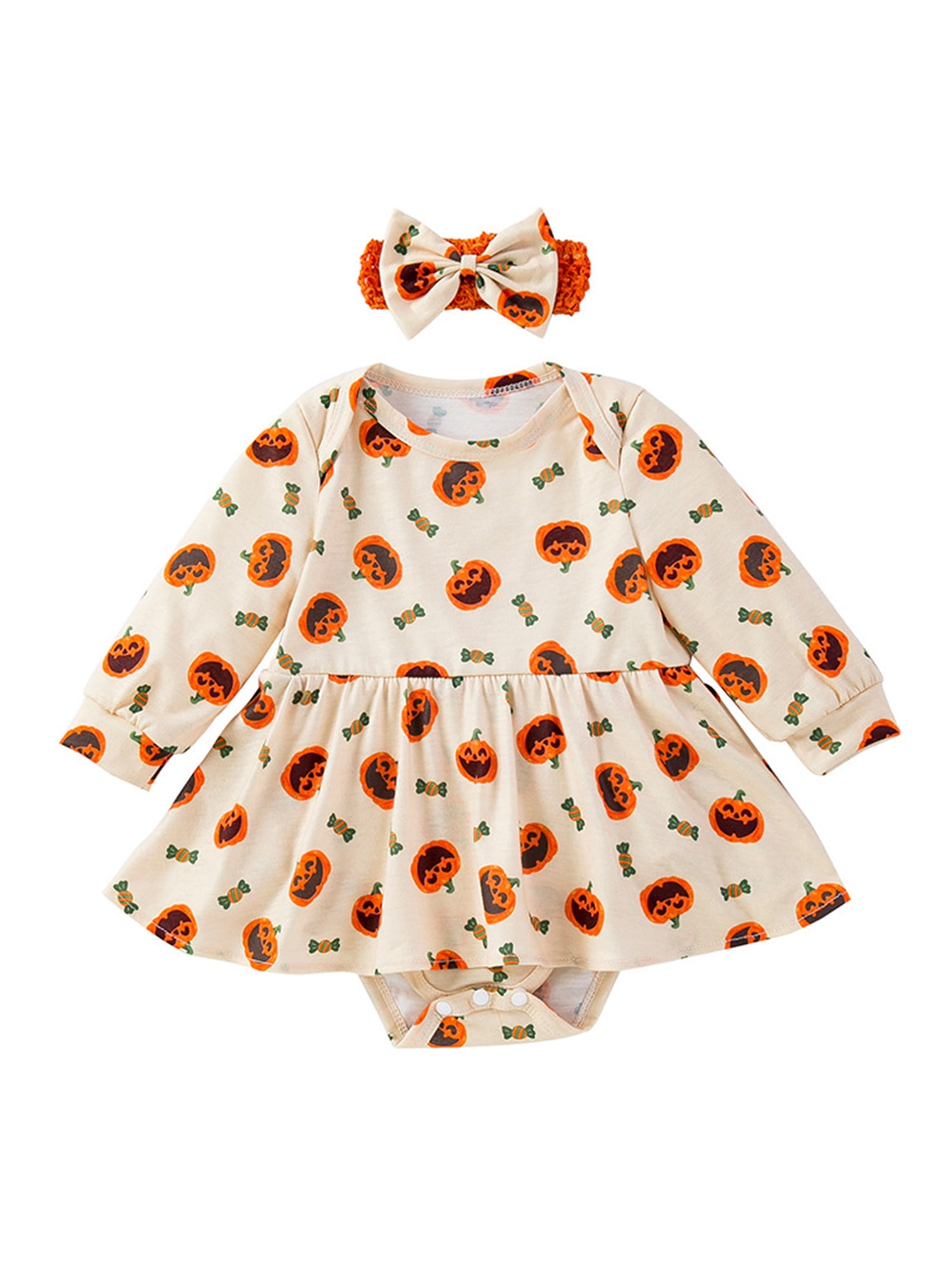 Suealasg Newborn Baby Girl Halloween Outfit Long Sleeve Crew Neck Pumpkin Print Romper Dress ...