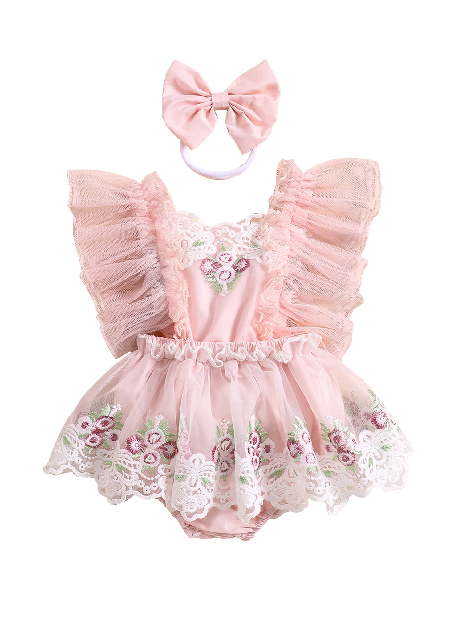 Suealasg Newborn Baby Girl Outfits Floral Embroidery Lace Tulle Romper Dress Bodysuit Headband ...