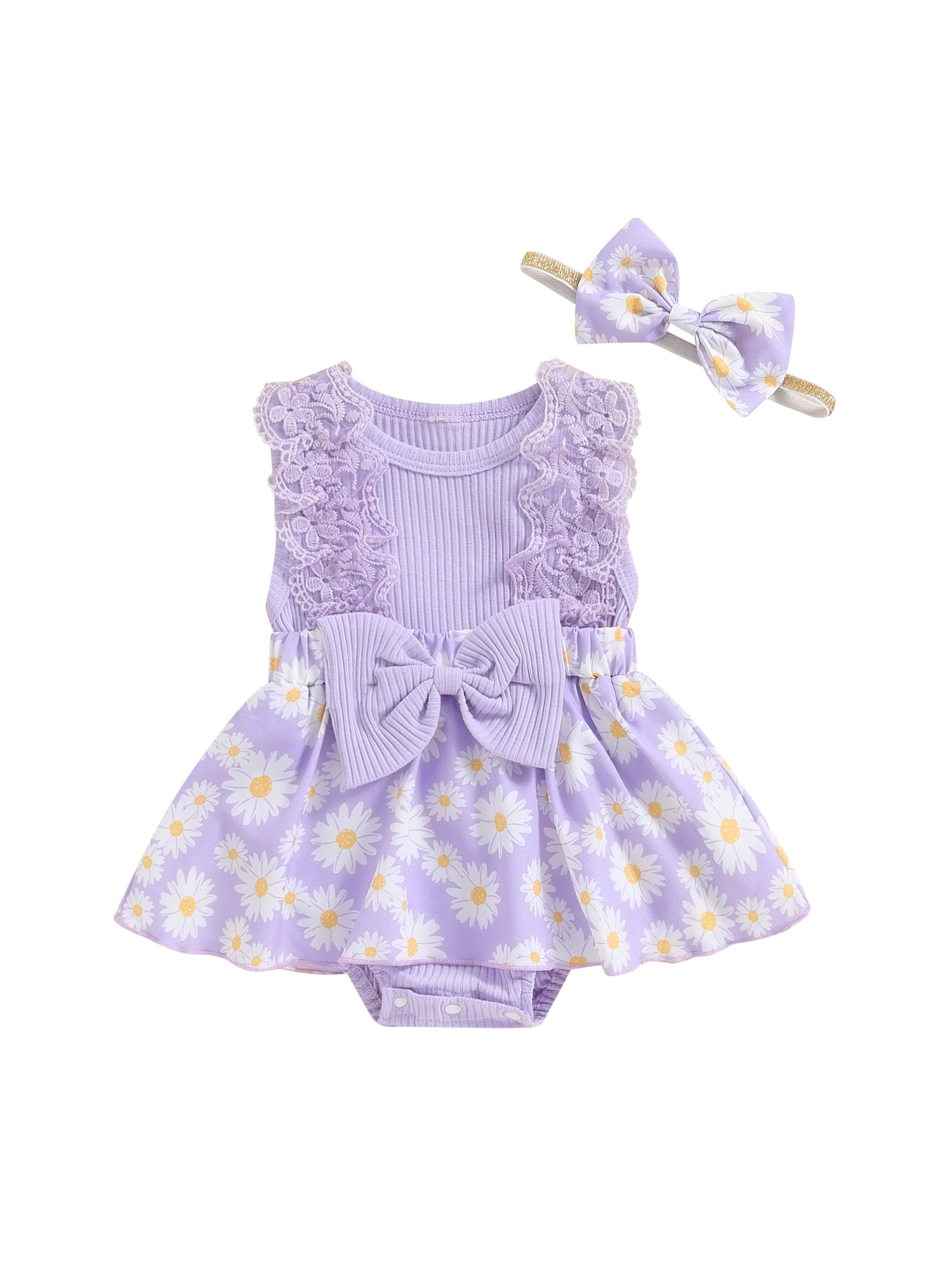 Suealasg Newborn Baby Girl Outfits Sleeveless Floral Print Lace Trim Romper Dress with Headband ...