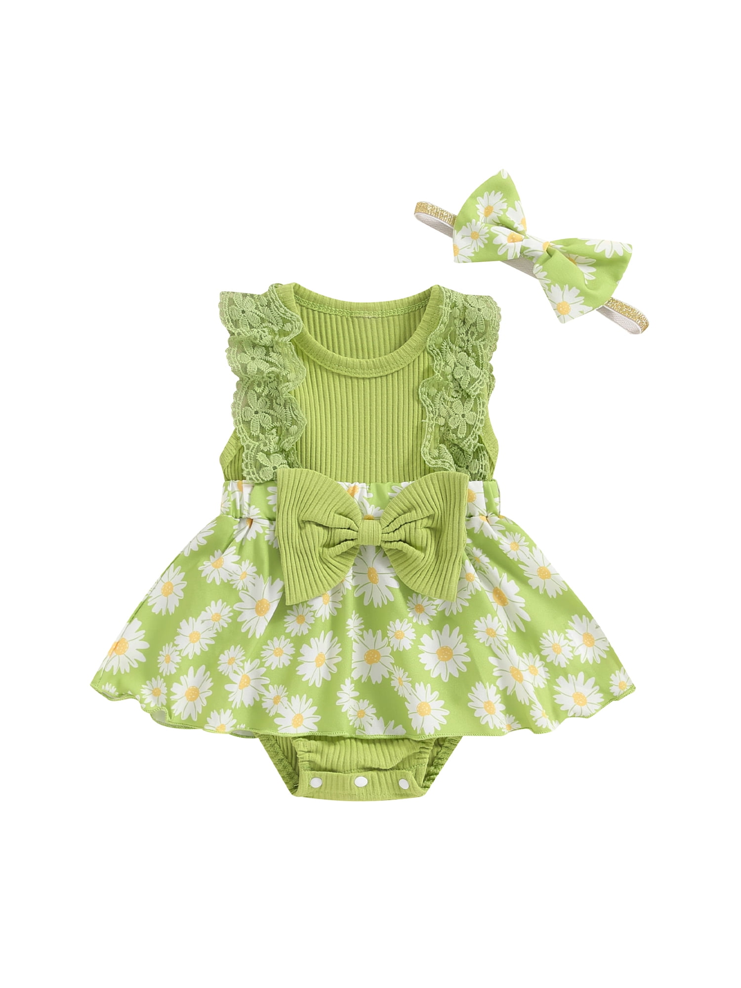 Suealasg Newborn Baby Girl Outfits Sleeveless Floral Print Lace Trim Romper Dress with Headband ...