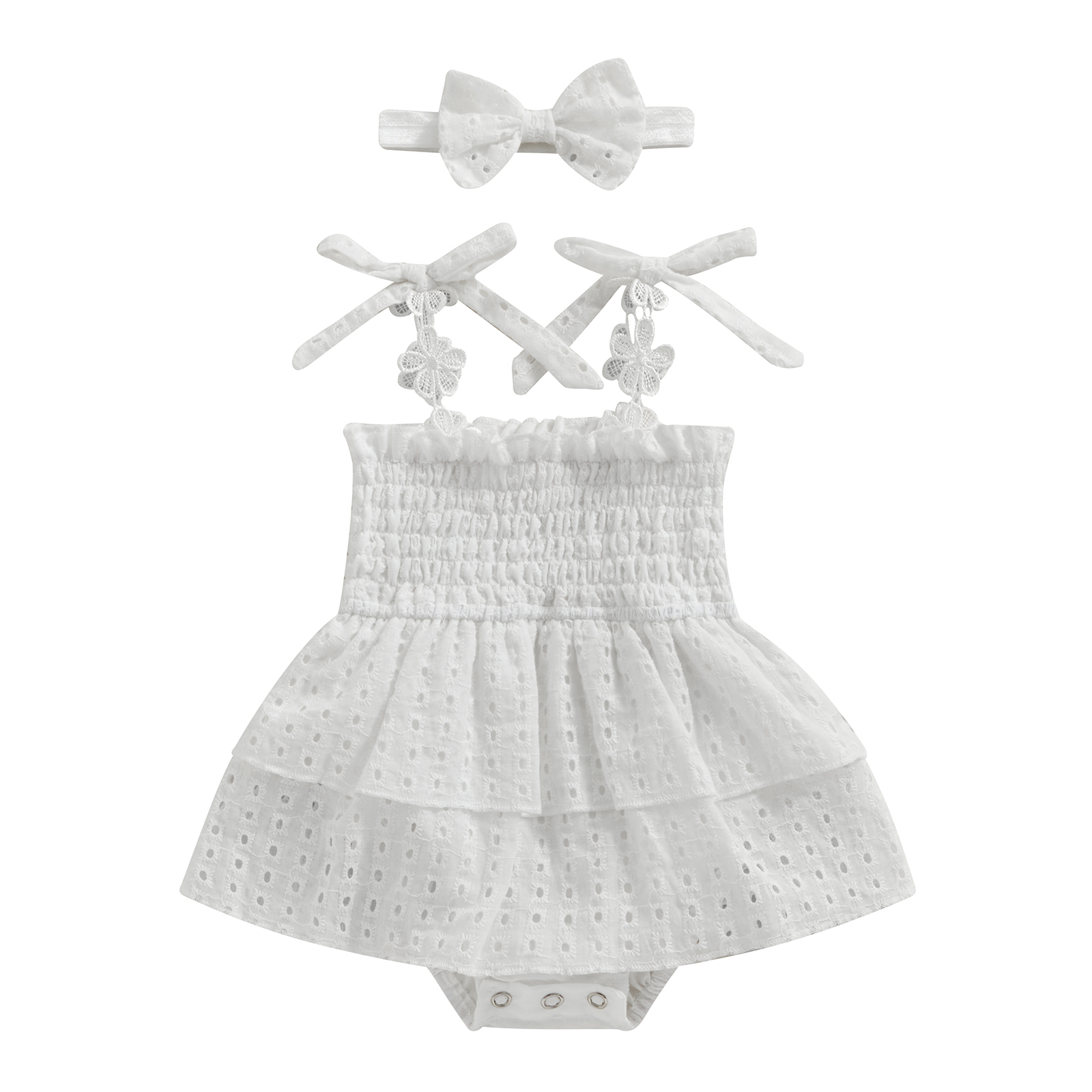 Suealasg Newborn Baby Girl Romper Dress Eyelet Flower Embroidered Bowknot Tie-Up Straps Skirt ...