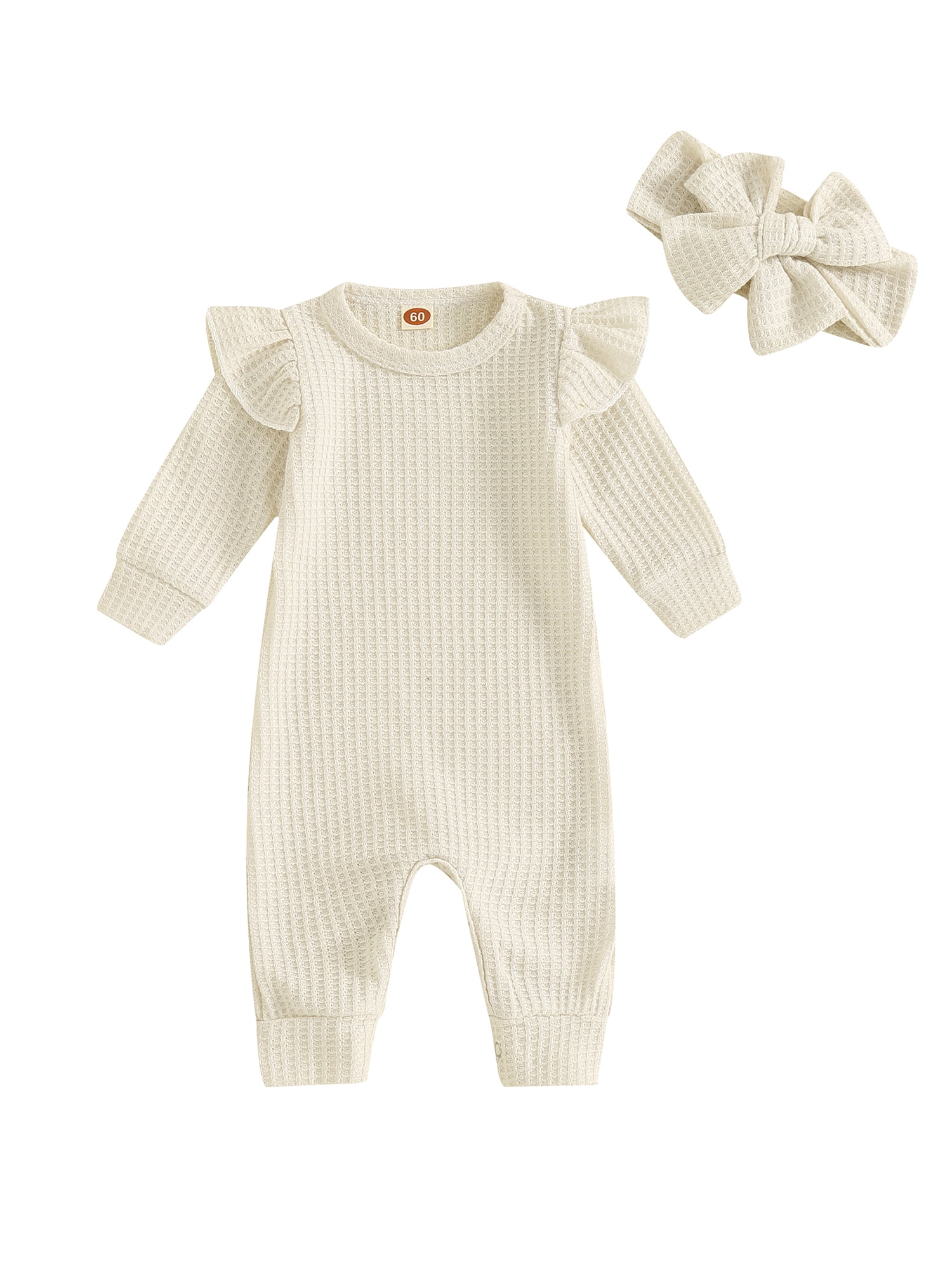 Suealasg Newborn Baby Girl Ruffle Romper +Bow Headband Waffle One Piece Clothes Long Sleeve Full ...