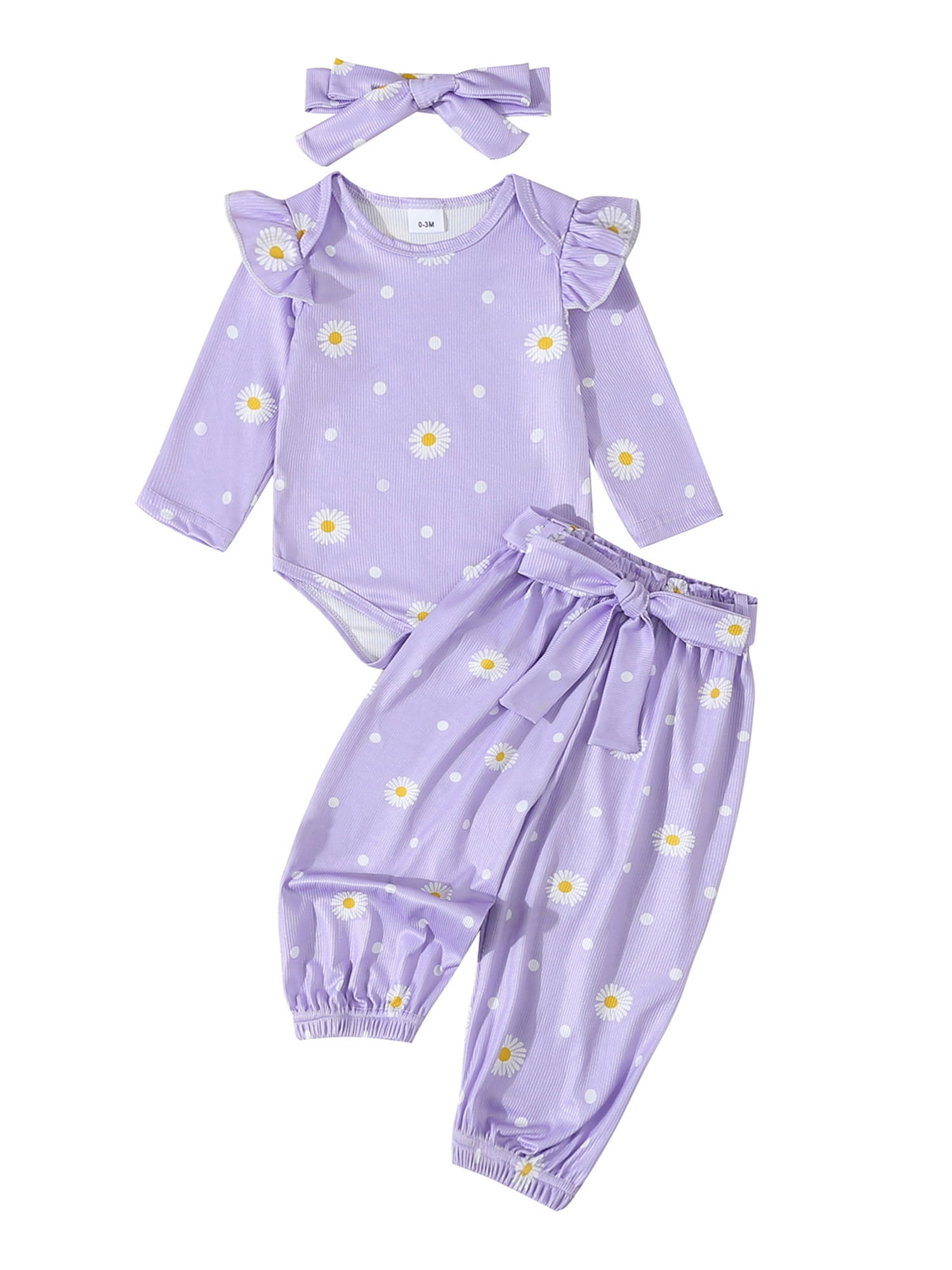 Suealasg Newborn Girl 3Pcs Fall Outfits Long Sleeve Daisy Print Romper + Long Pants + Headband ...
