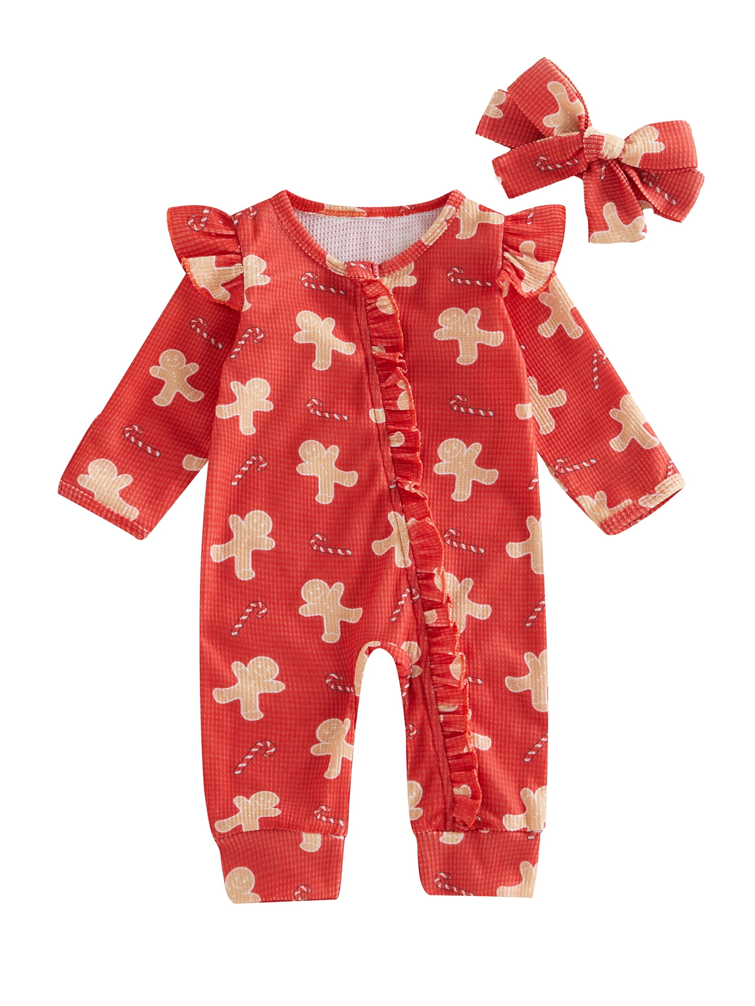 Suealasg Newborn Girls Christmas Romper Jumpsuit Headband Long Sleeve Gingerbread Man Print Full ...